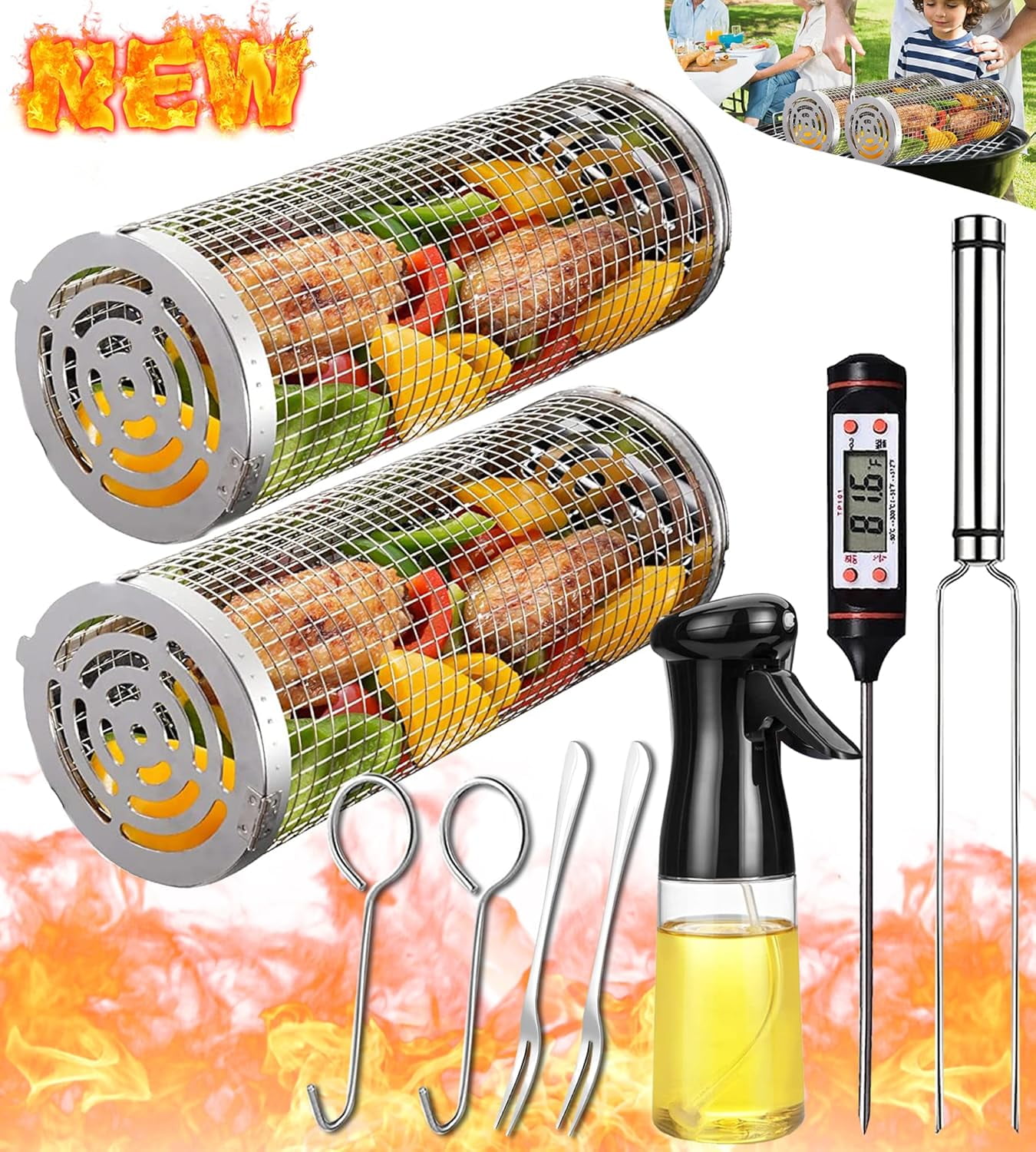 Rolling Grilling Baskets for Outdoor Grill Bbq Net Tube Round Mesh ...
