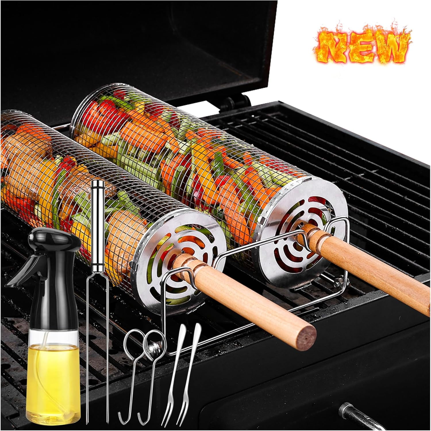 Rolling Grilling Baskets for Outdoor Grill Bbq Net Tube Stainless Steel ...