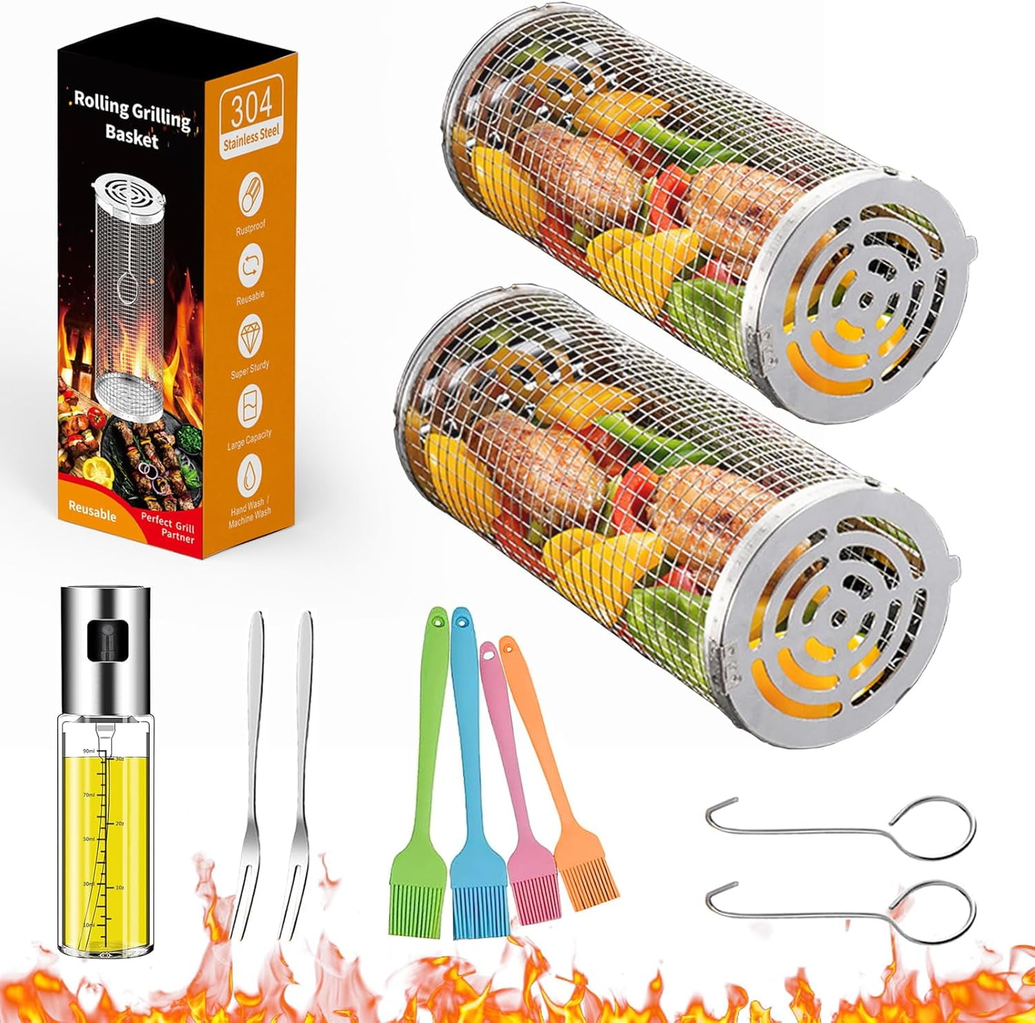 Rolling Grilling Baskets for Outdoor Grilling, BBQ Grill Basket, Round ...