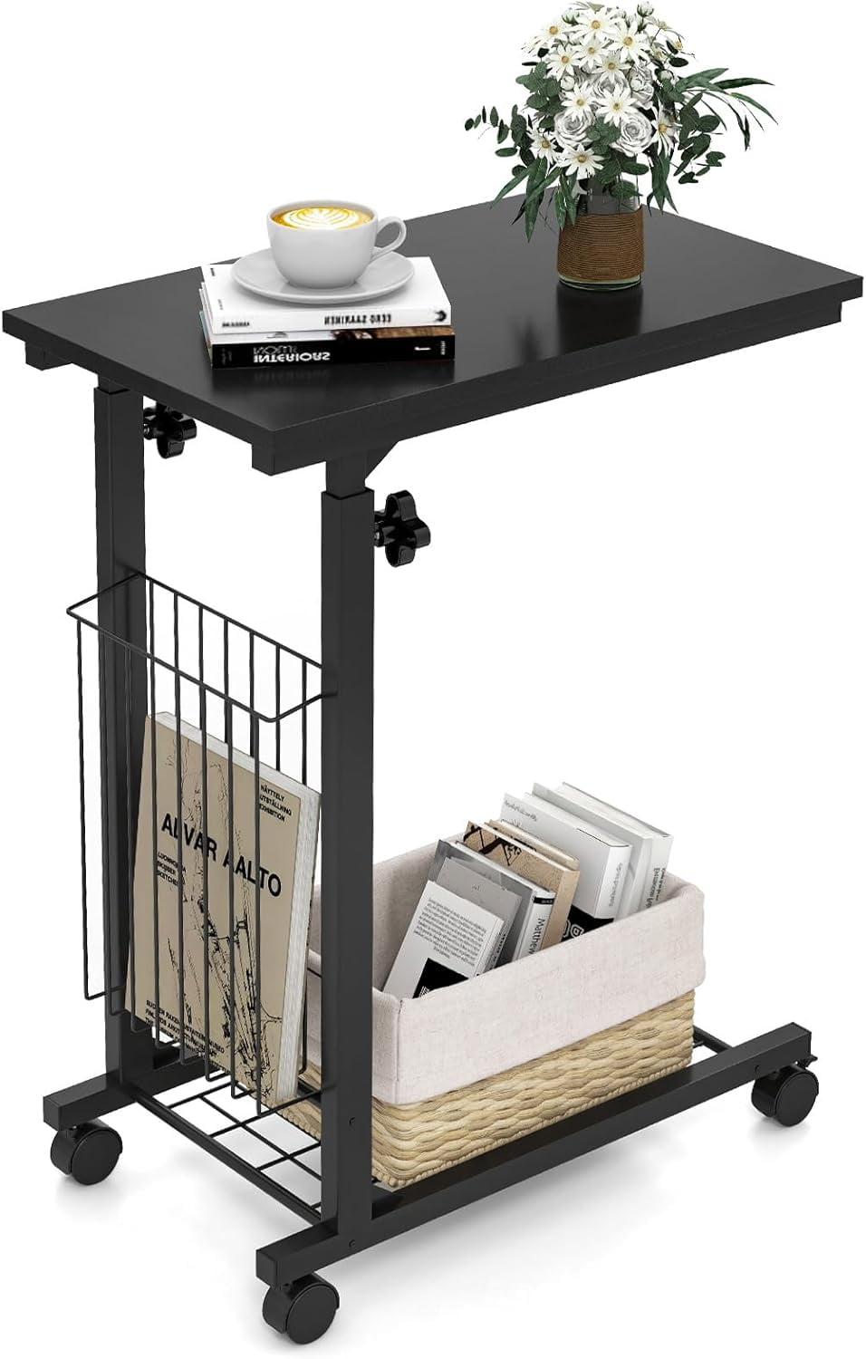 Rolling Height Adjustable C Table, Mobile End Table with Detachable ...