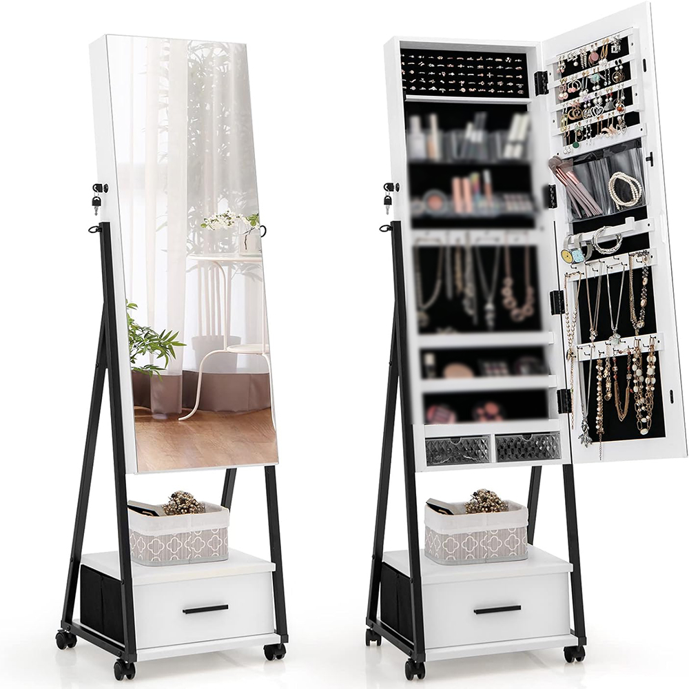 Rolling Jewelry Cabinet with Full Length Mirror, Lockable Standing ...