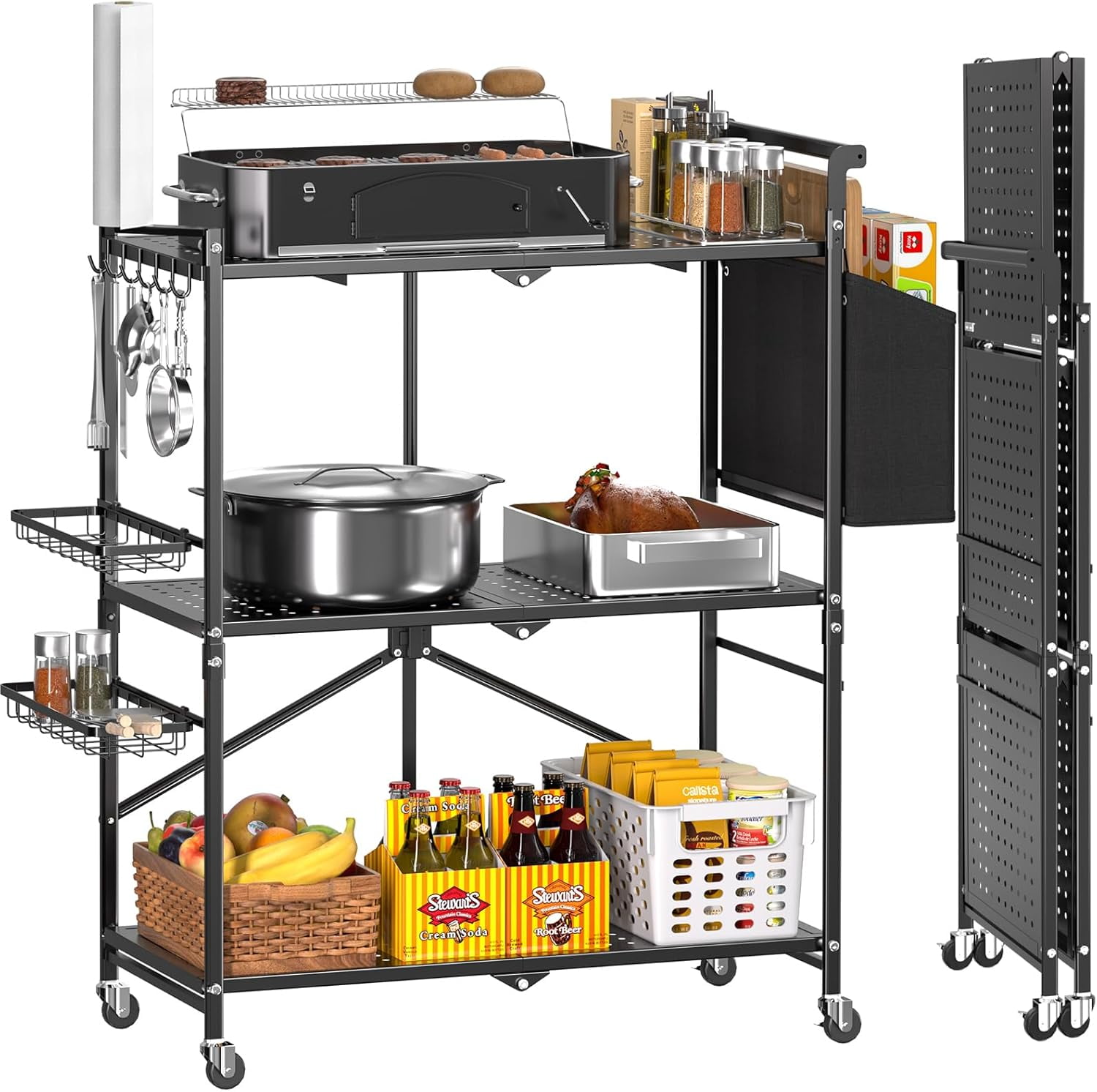 Rolling Kitchen Cart with Baskets: 3-Tier Microwave Stand Carts with ...