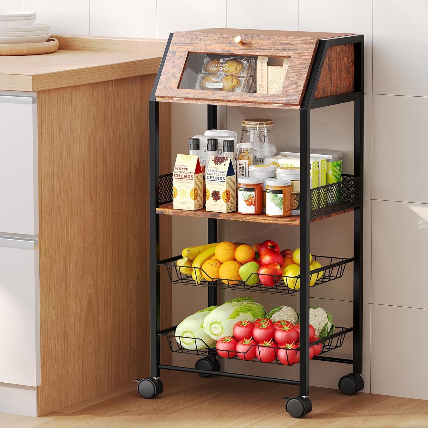 Rolling Kitchen Cart with Bread Box and 2 Pull-Out Wire Baskets - 4 ...