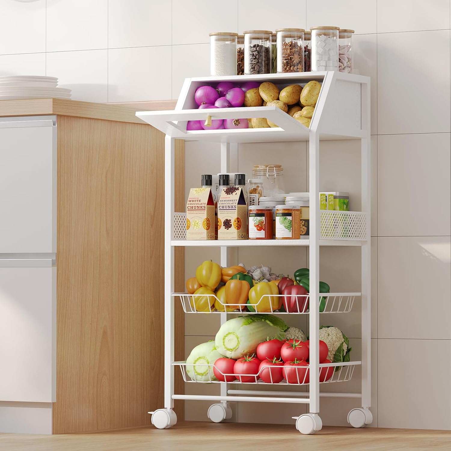 Rolling Kitchen Cart with Bread Box and 2 Pull-Out Wire Baskets - 4 ...