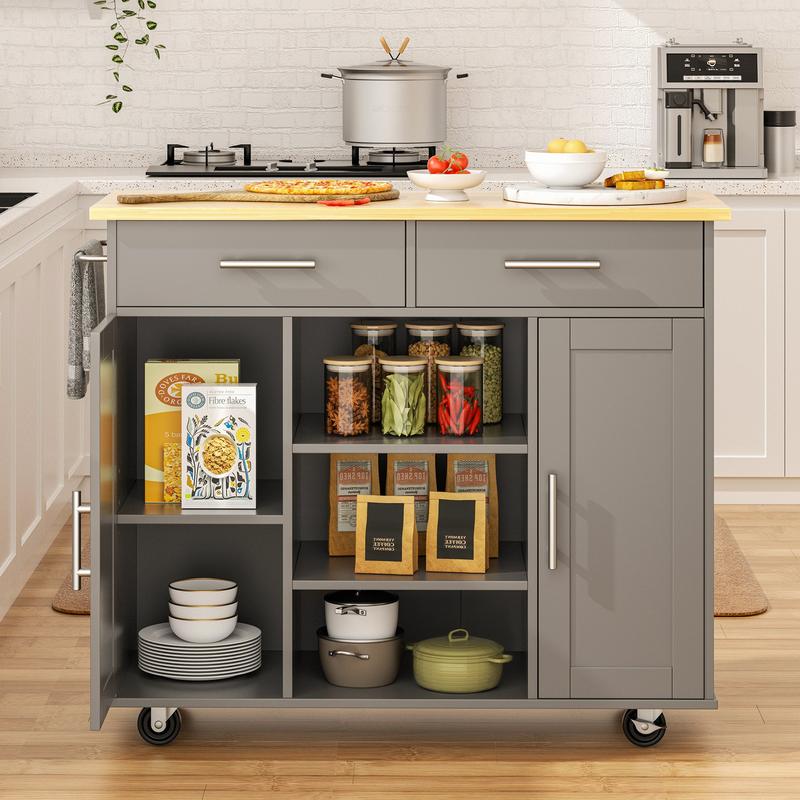 Rolling Kitchen Cart Kitchen Island with 2 Storage Cabinets & 2 Drawers ...