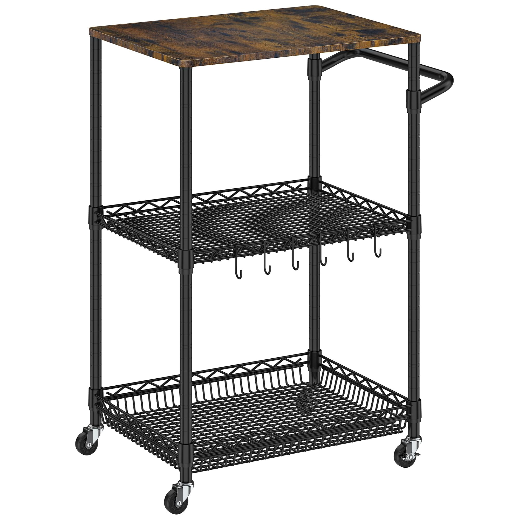 Rolling Kitchen Cart with Wheels, 3 Tier Metal Utility Cart with Wood ...