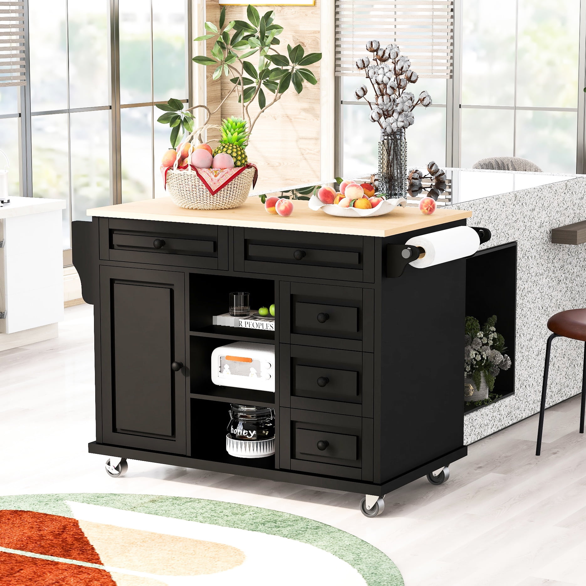 Rolling Kitchen Cart With Storage Cabinet - 5 Drawers & 360 Degree ...