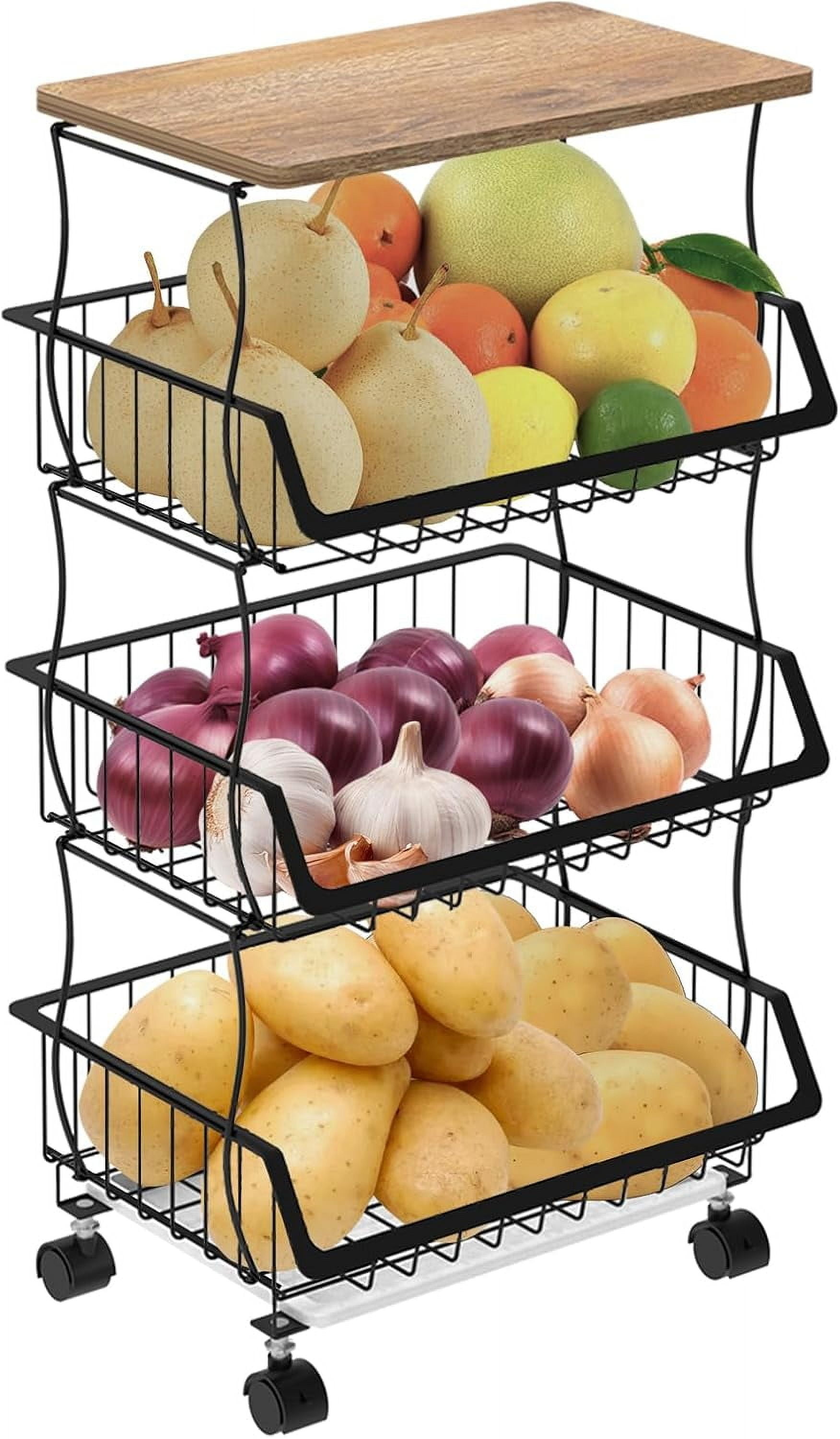 Rolling Kitchen Cart with Wood Top - 4-Tier Wire Basket Organizer for ...