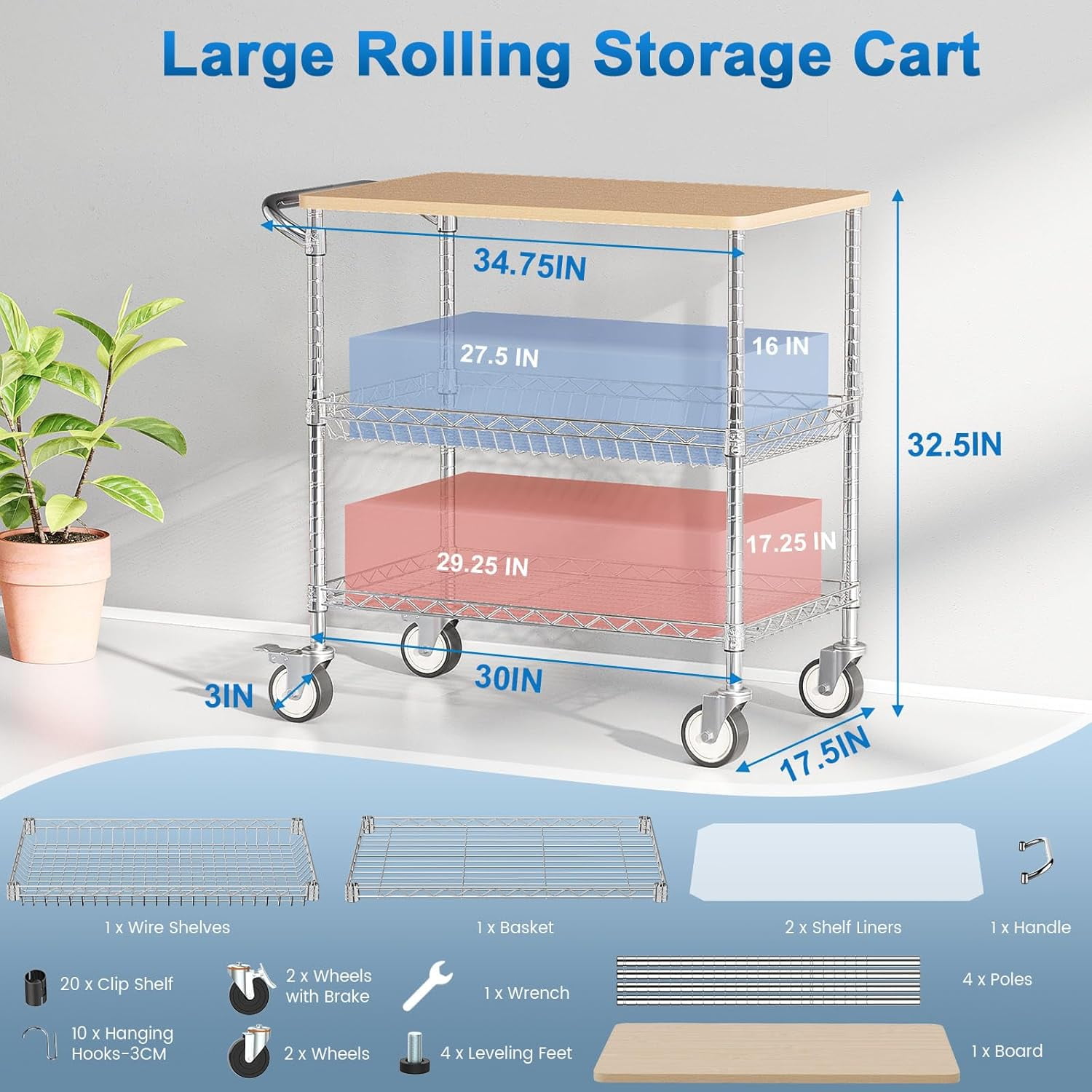 Rolling Kitchen Carts with Wheels, 34" L x 17.5" W, 3-Tier Heavy Duty ...