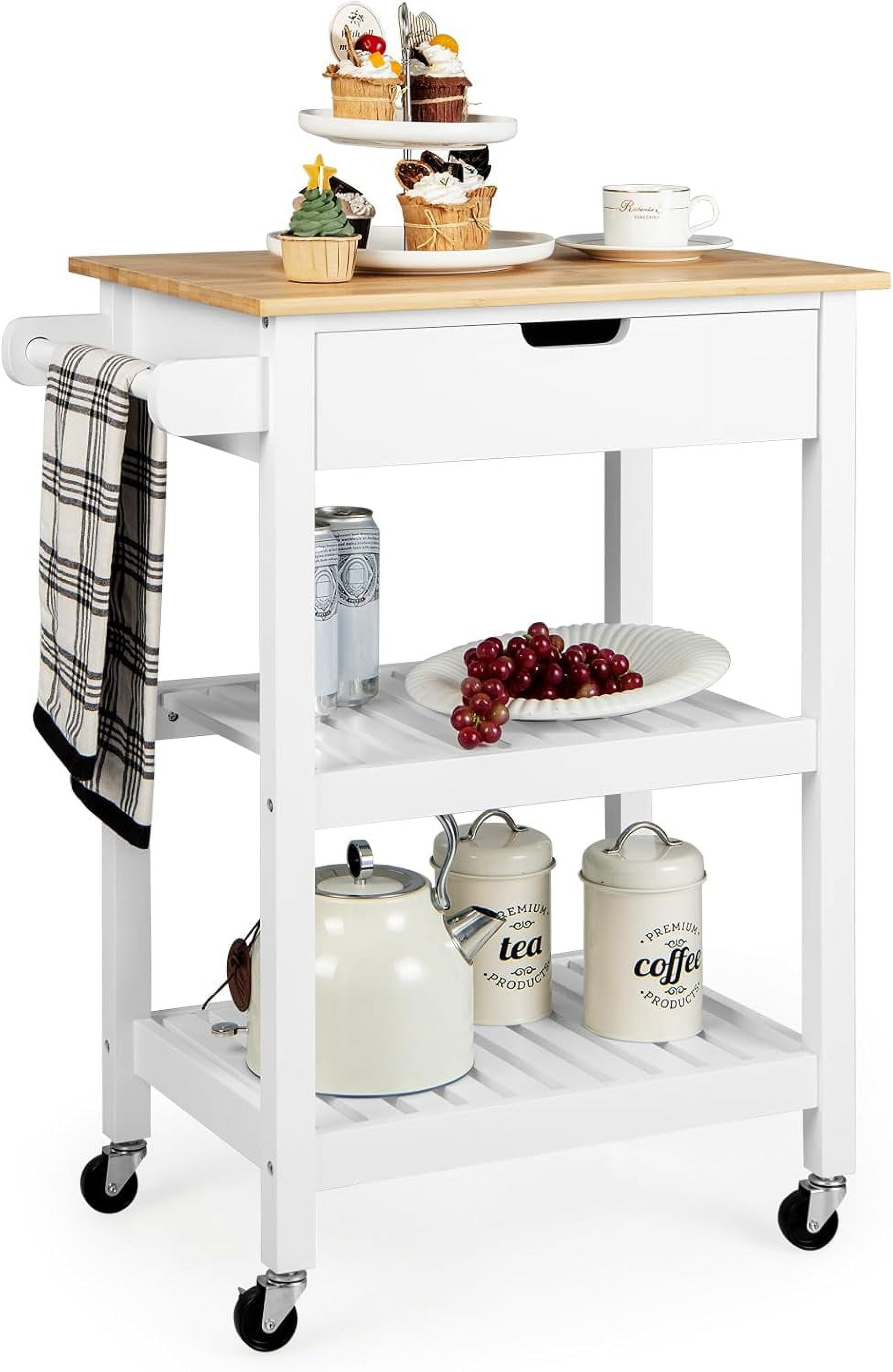 Rolling Kitchen Island, Bamboo Island Cart with Drawer, 2 Open Shelves ...