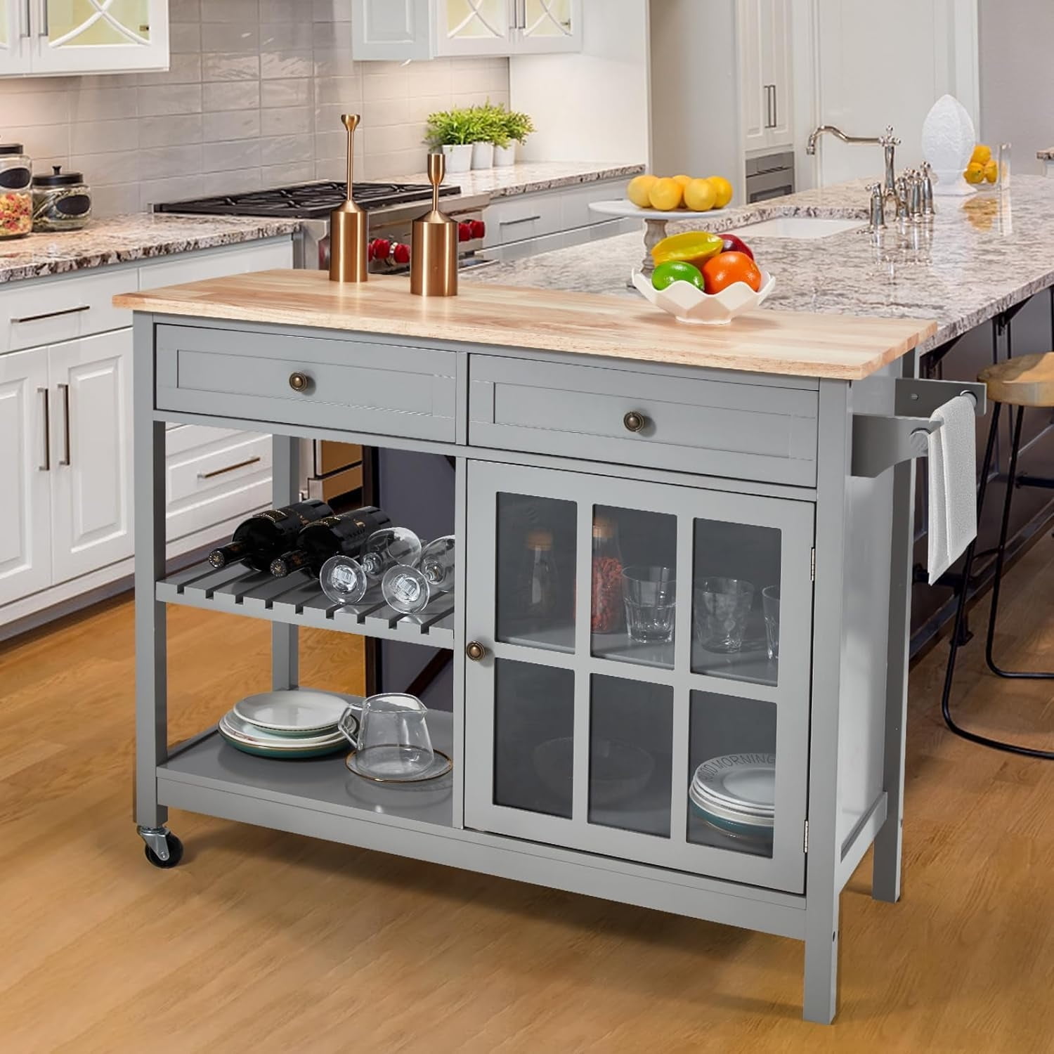 Rolling Kitchen Island Cart 42" Width Kitchen Carts with Storage Wood ...