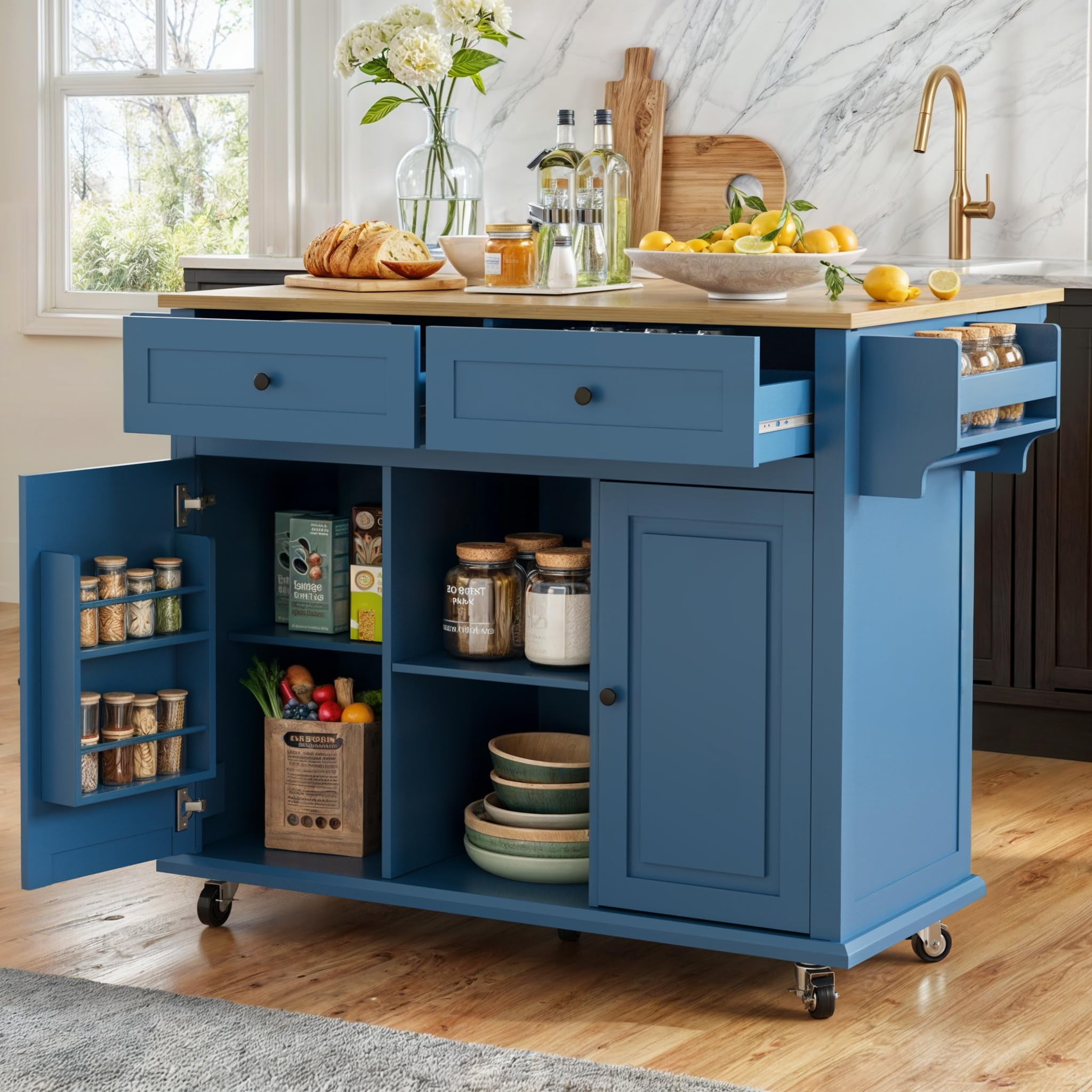 Rolling Kitchen Island Cart with Drop Leaf, Large Kitchen Island on ...