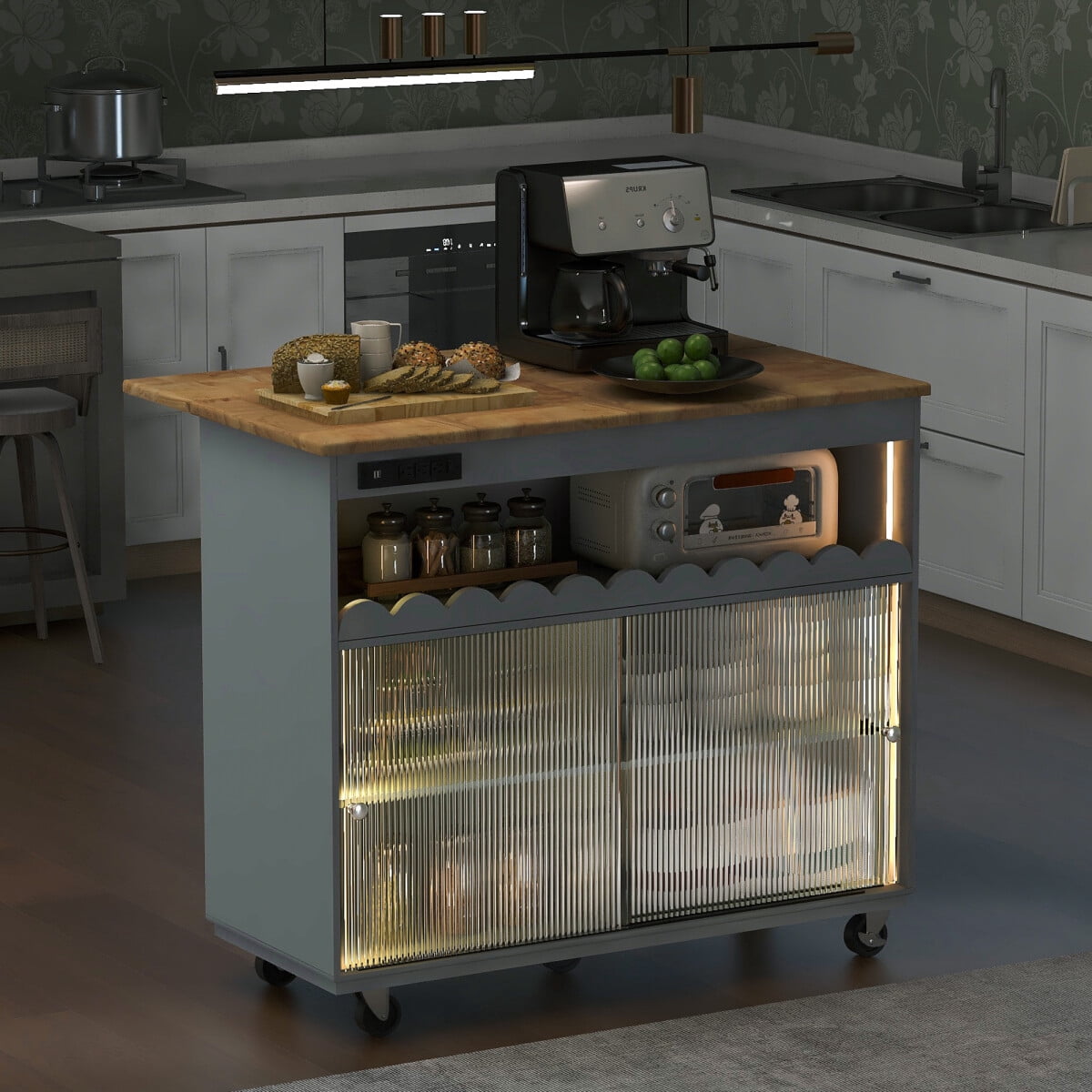Rolling Kitchen Island Cart, Folding Drop Leaf and LED Light, Kitchen ...