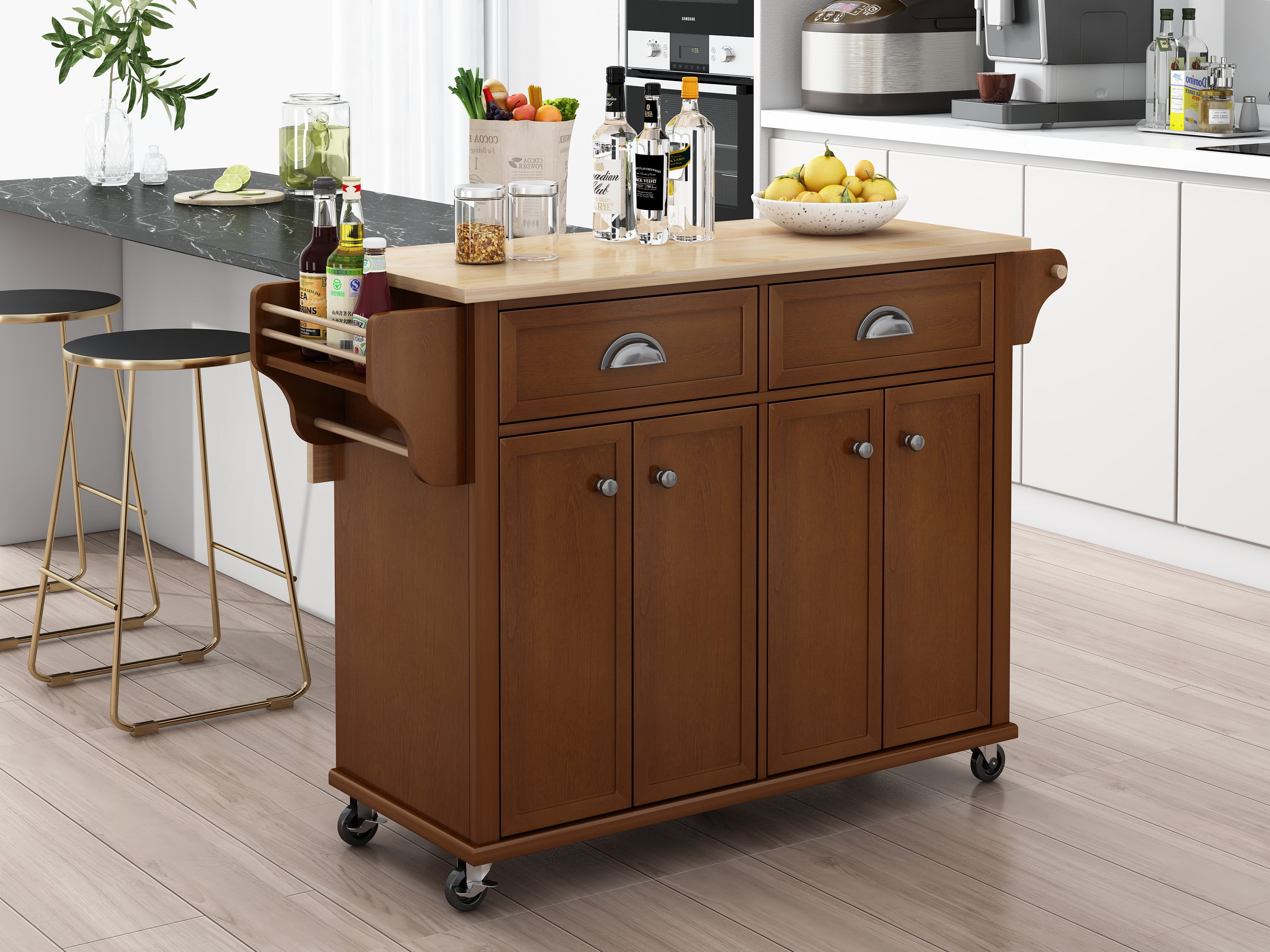 Rolling Kitchen Island Cart with Storage, Solid Rubberwood Countertop ...