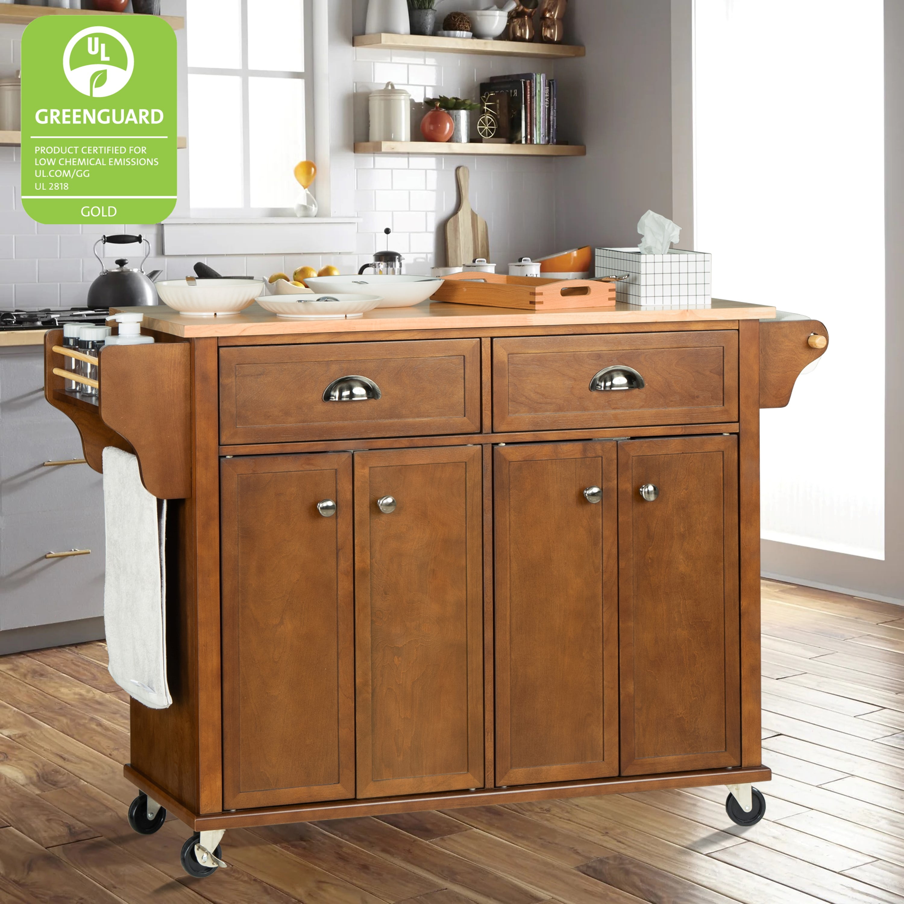 Rolling Kitchen Island Cart with Large Storage Cabinet on Wheels, Solid ...
