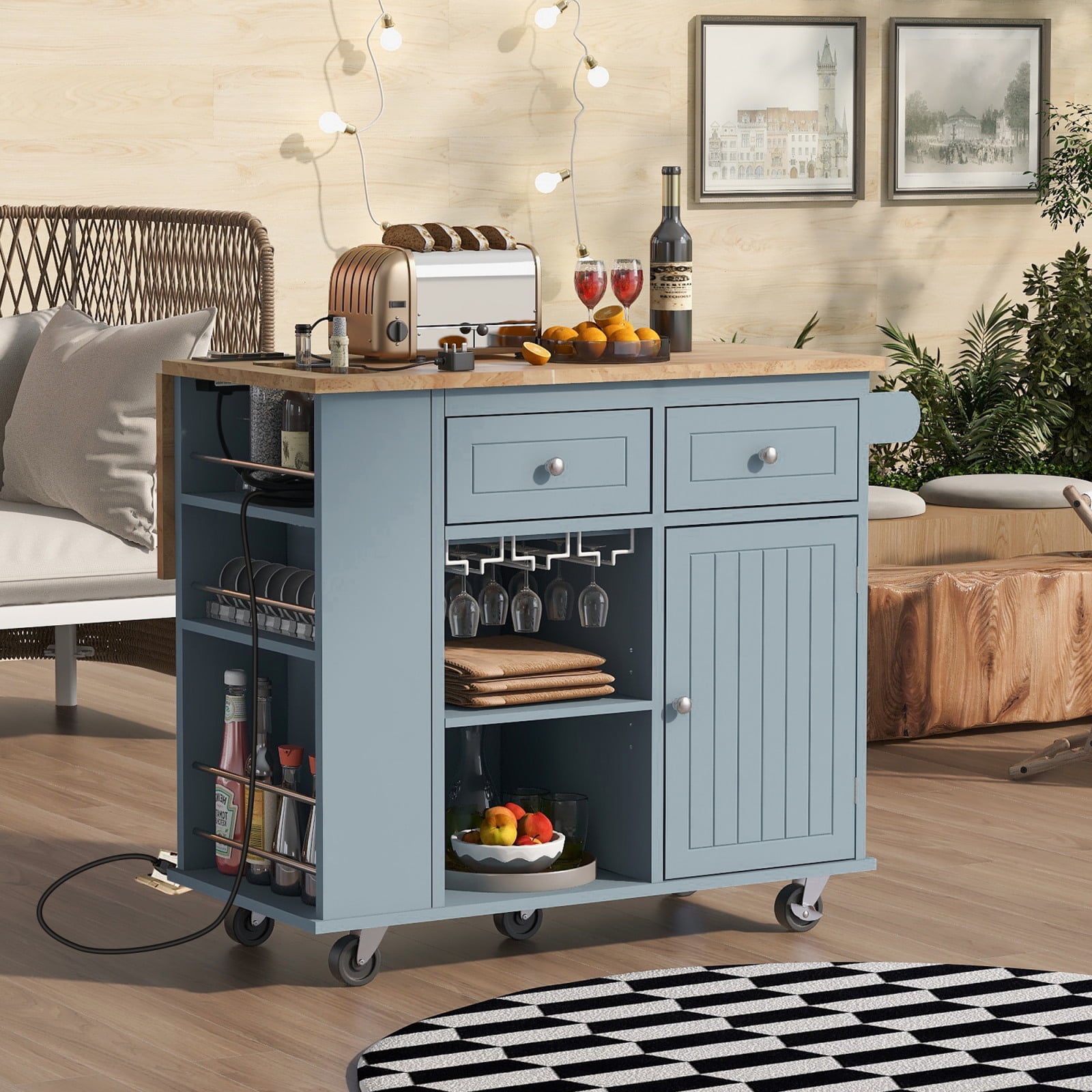 Blue Rolling Kitchen Cart with Outlet, Drop-Leaf, Wine Rack, Drawers ...