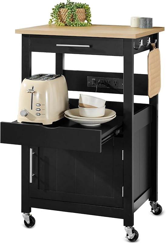 Rolling Kitchen Island Cart, Single Door Cabinet w/Drawer, Sliding Tray ...