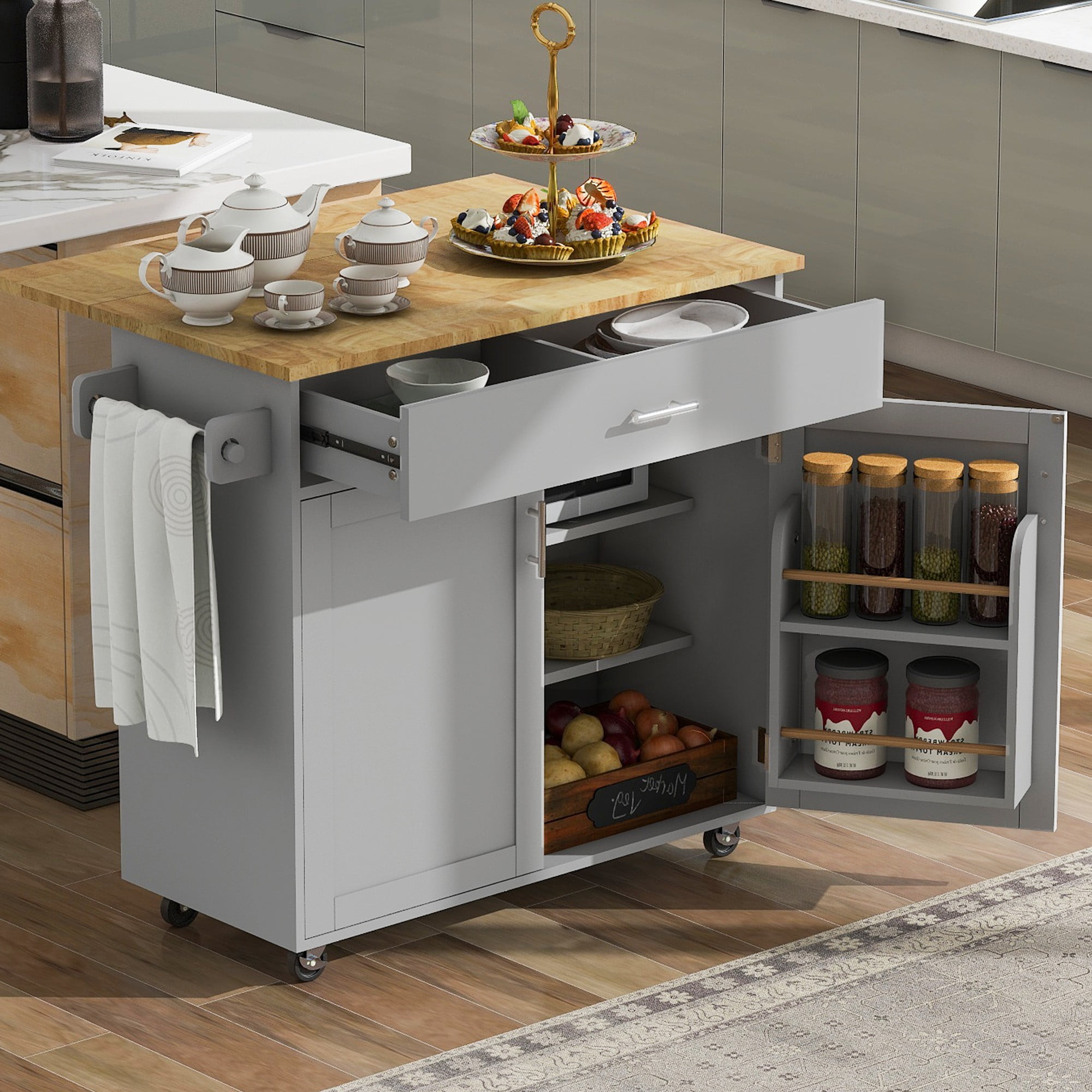 Rolling Kitchen Island Cart with Storage, Kitchen Microwave Cart with ...