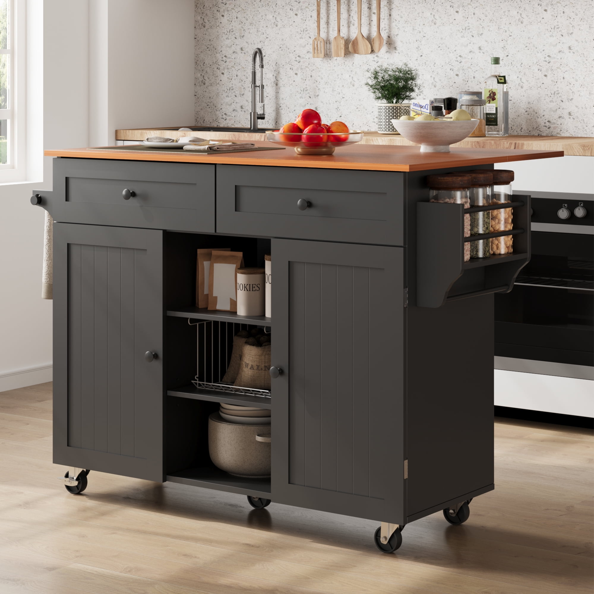 Rolling Kitchen Island Cart On Wheels, Kitchen Island with Drop Leaf ...
