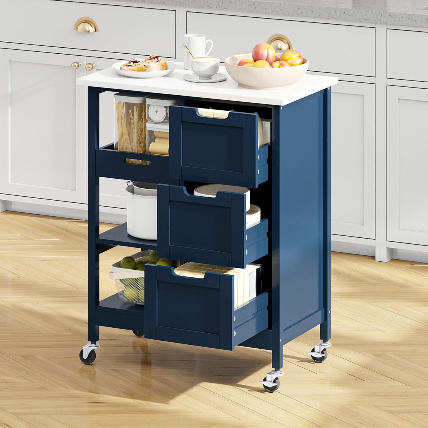 Rolling Kitchen Island Cart with 3 Drawers, 27 inch Soild Wooden ...