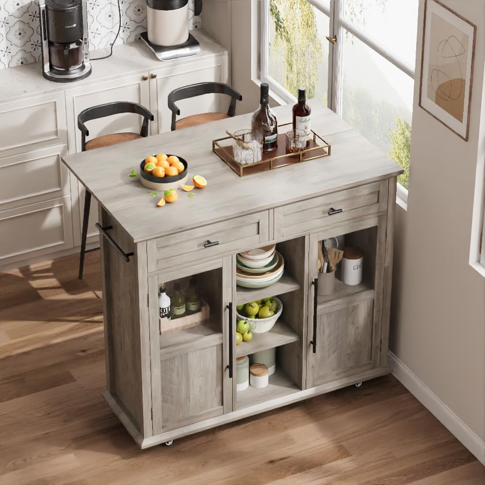 Rolling Kitchen Island Cart with Folding Drop Leaf, Breakfast Bar ...