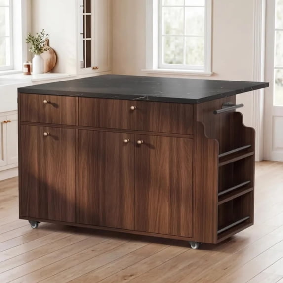 Rolling Kitchen Island Cart with Storage, Drop Leaf Extension, Black ...