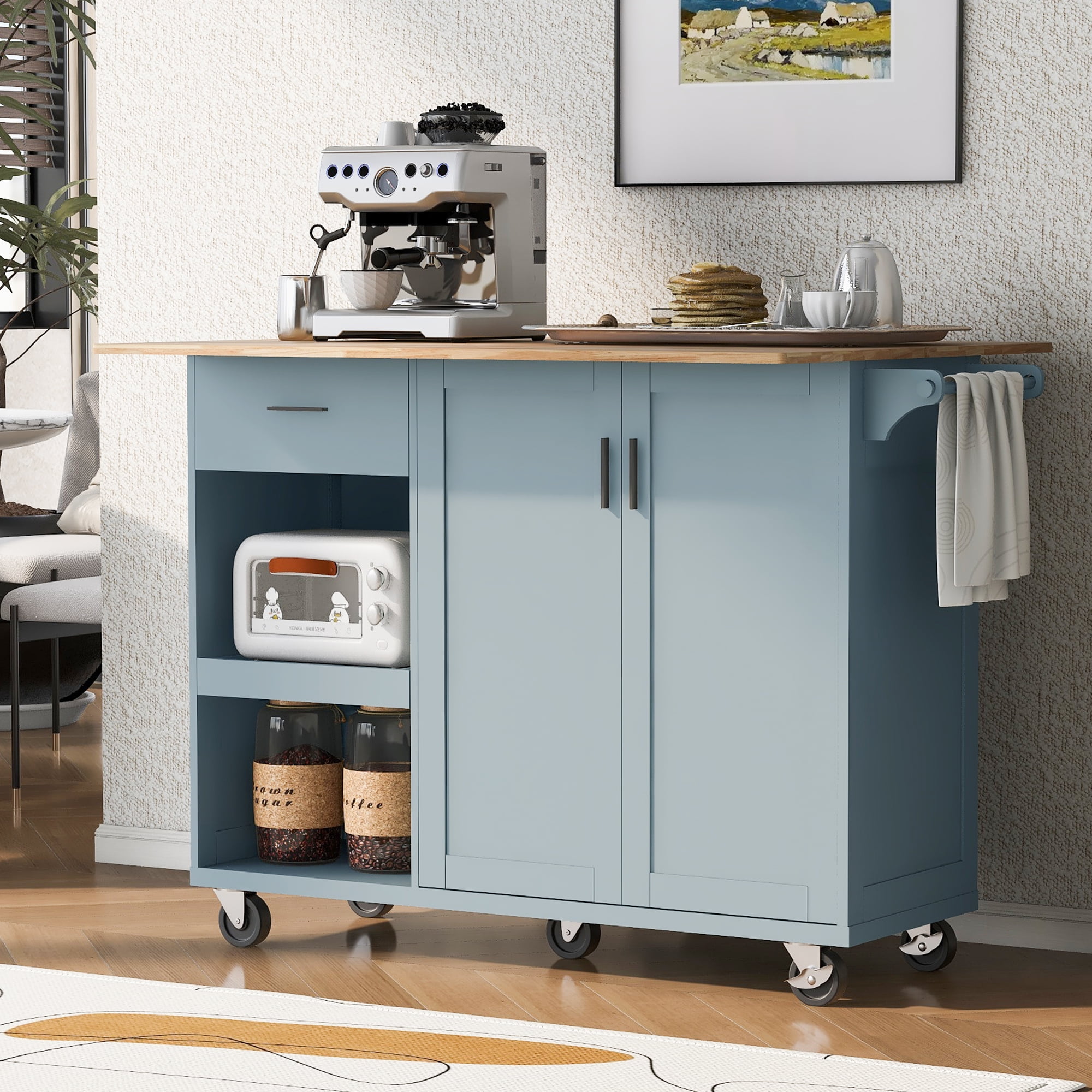 Rolling Kitchen Island with Drop Leaf Breakfast Bar, Mobile Kitchen ...