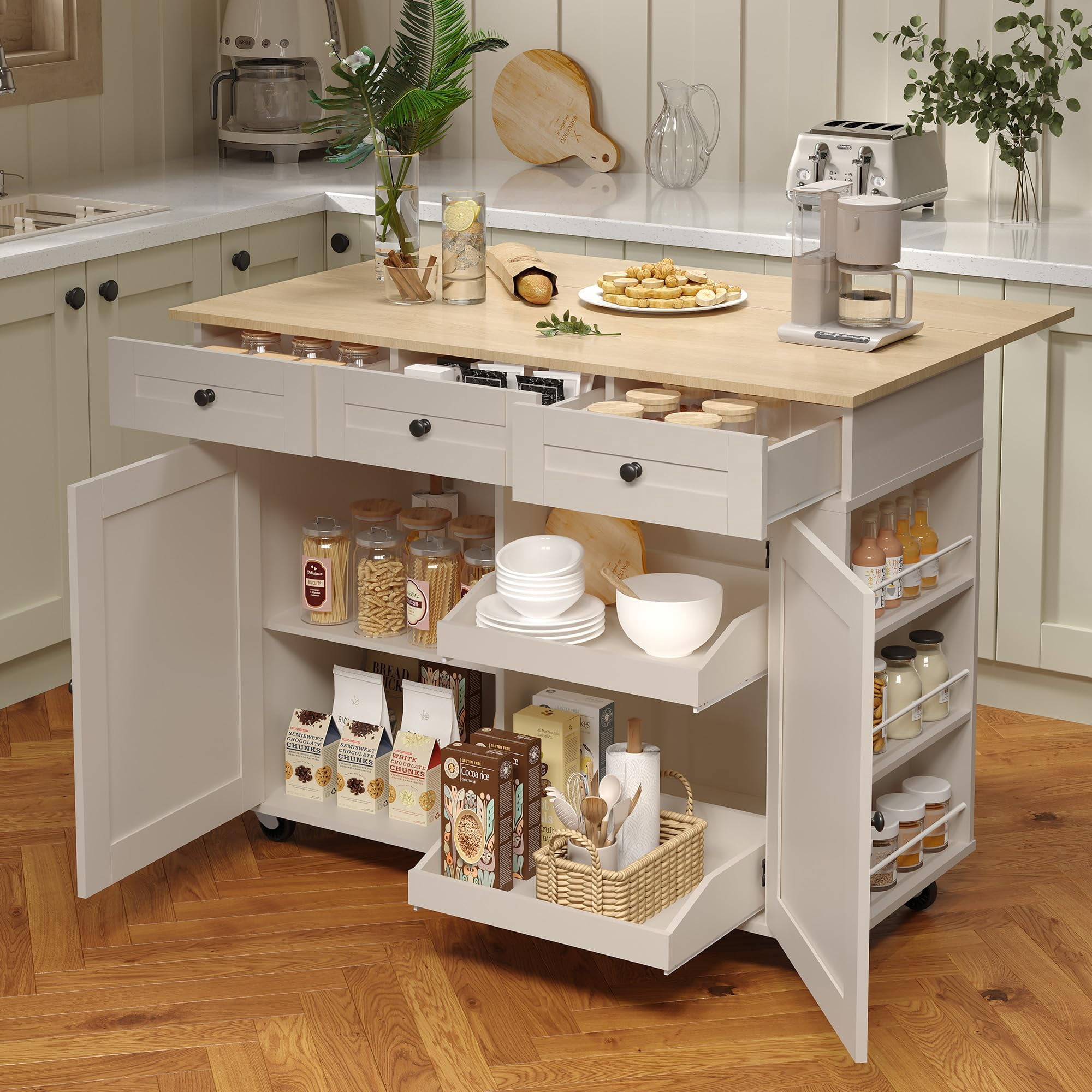 Rolling Kitchen Island with Drop Leaf Countertop,Charging Station ...