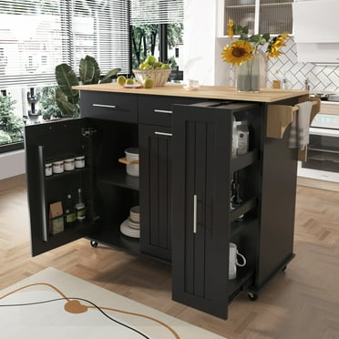 EUROCO Rolling Mobile Kitchen Island with Solid Wood Top and Locking ...