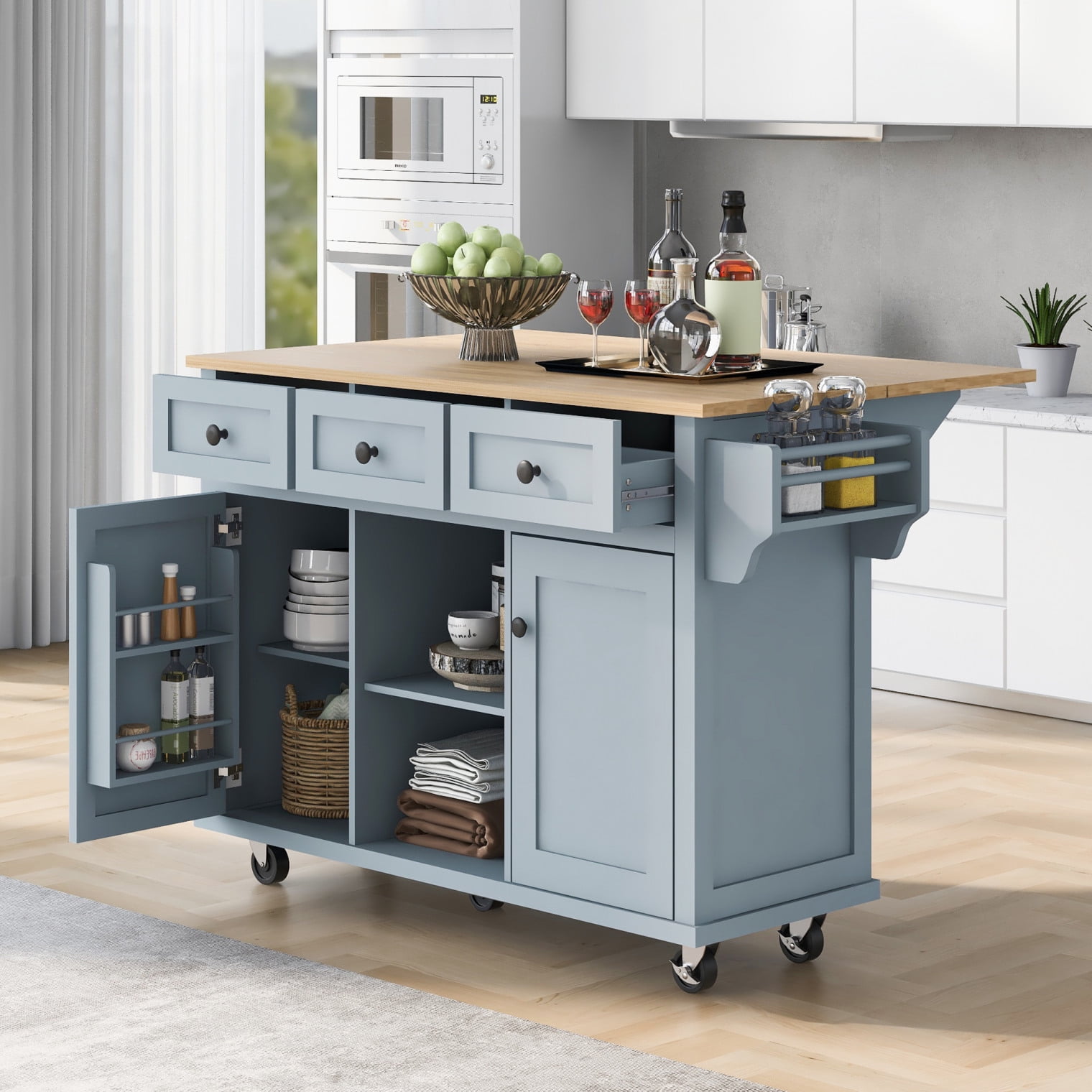 Rolling Kitchen Island with Drop Leaf, Kitchen Storage Cart with ...