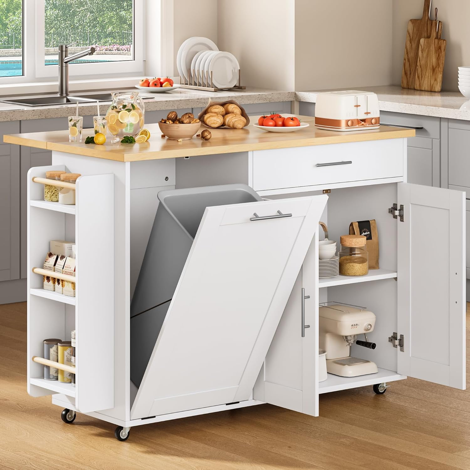 Rolling Kitchen Island with Hidden Trash Can Storage, Kitchen Island on Wheels with Storage, 3 ...