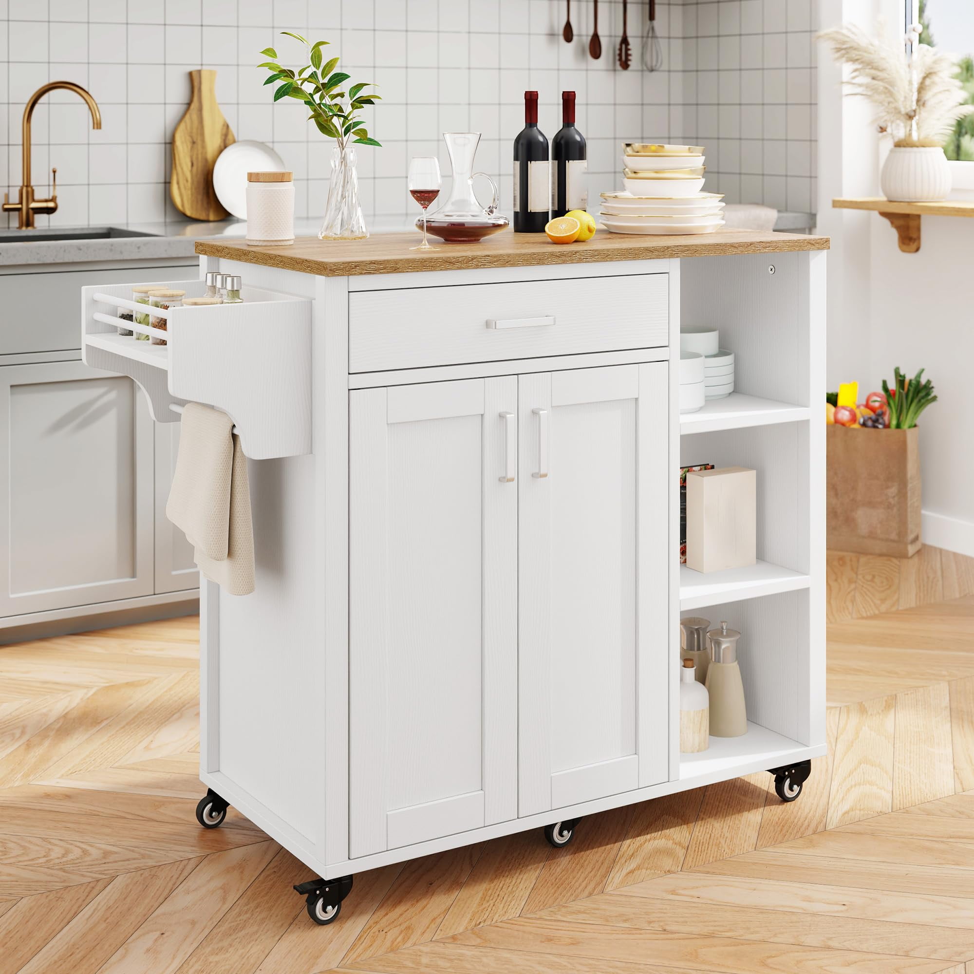 Rolling Kitchen Island Table on Wheels, Mobile Kitchen Cart with Storage, Butcher Block Island ...