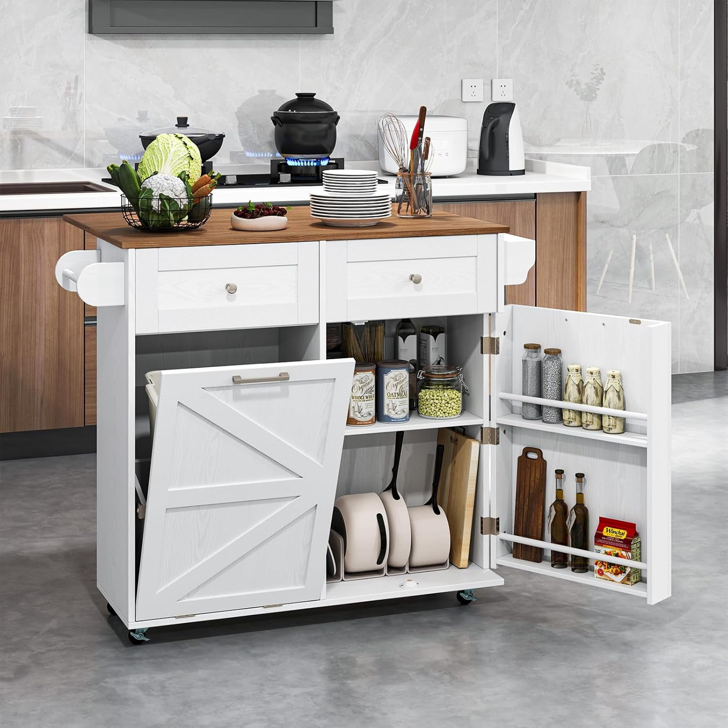 Rolling Kitchen Island with Trash Can Storage Cabinet, Drop Leaf Breakfast Bar Table, Towel ...