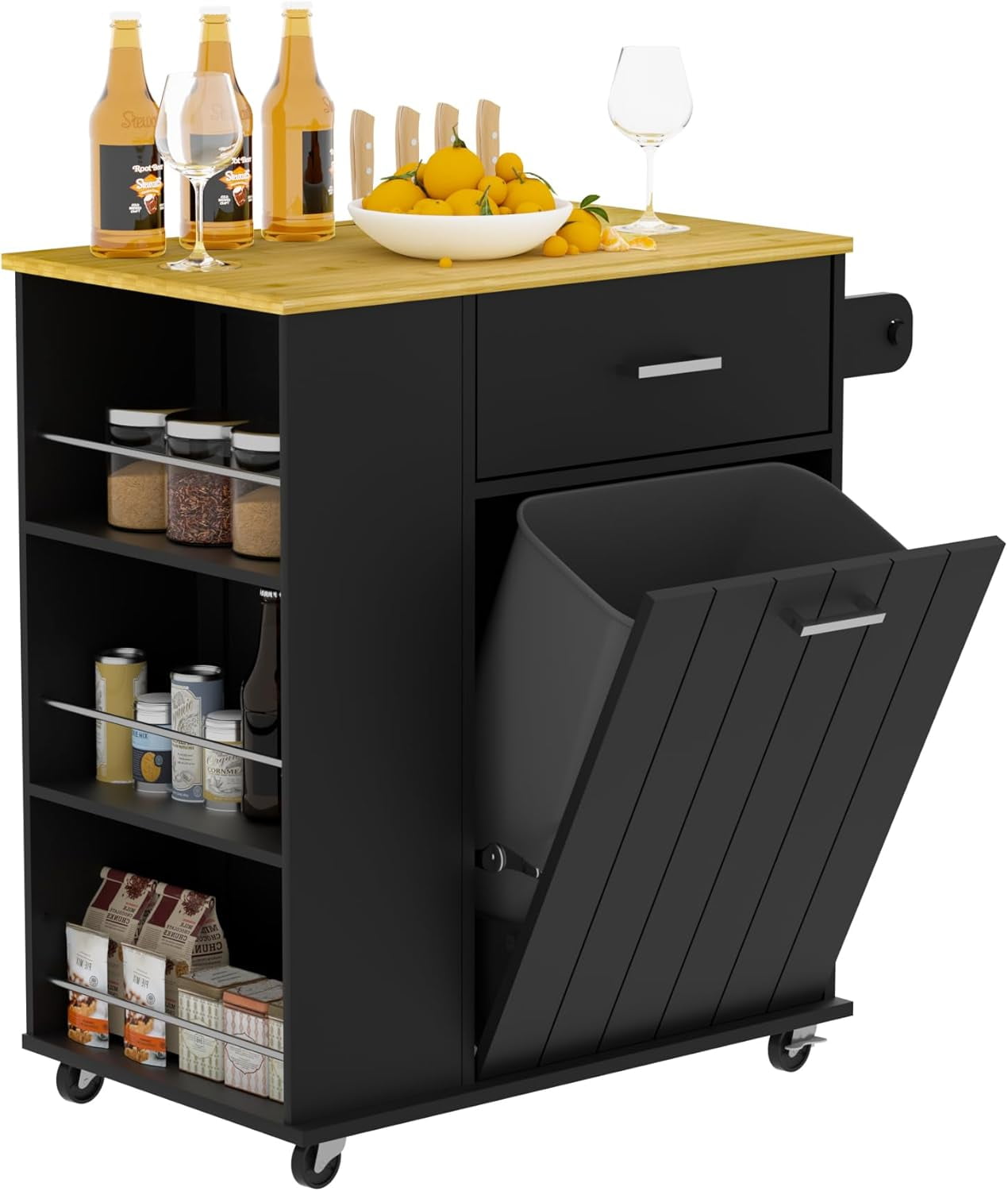 Rolling Kitchen Island with Trash Can Storage, Portable Kitchen Island ...