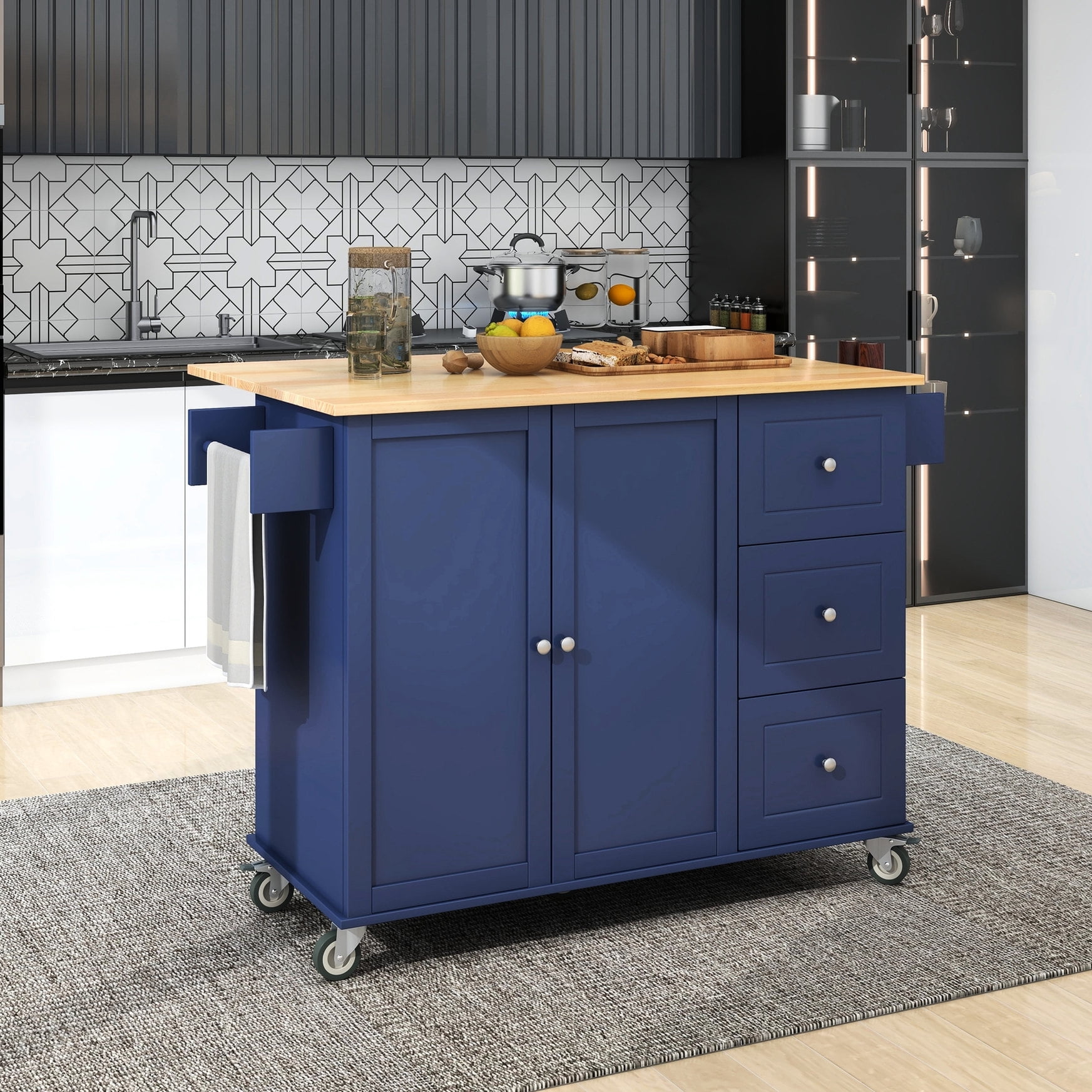 Rolling Kitchen Island with Adjustable Shelves / White, MDF Body ...