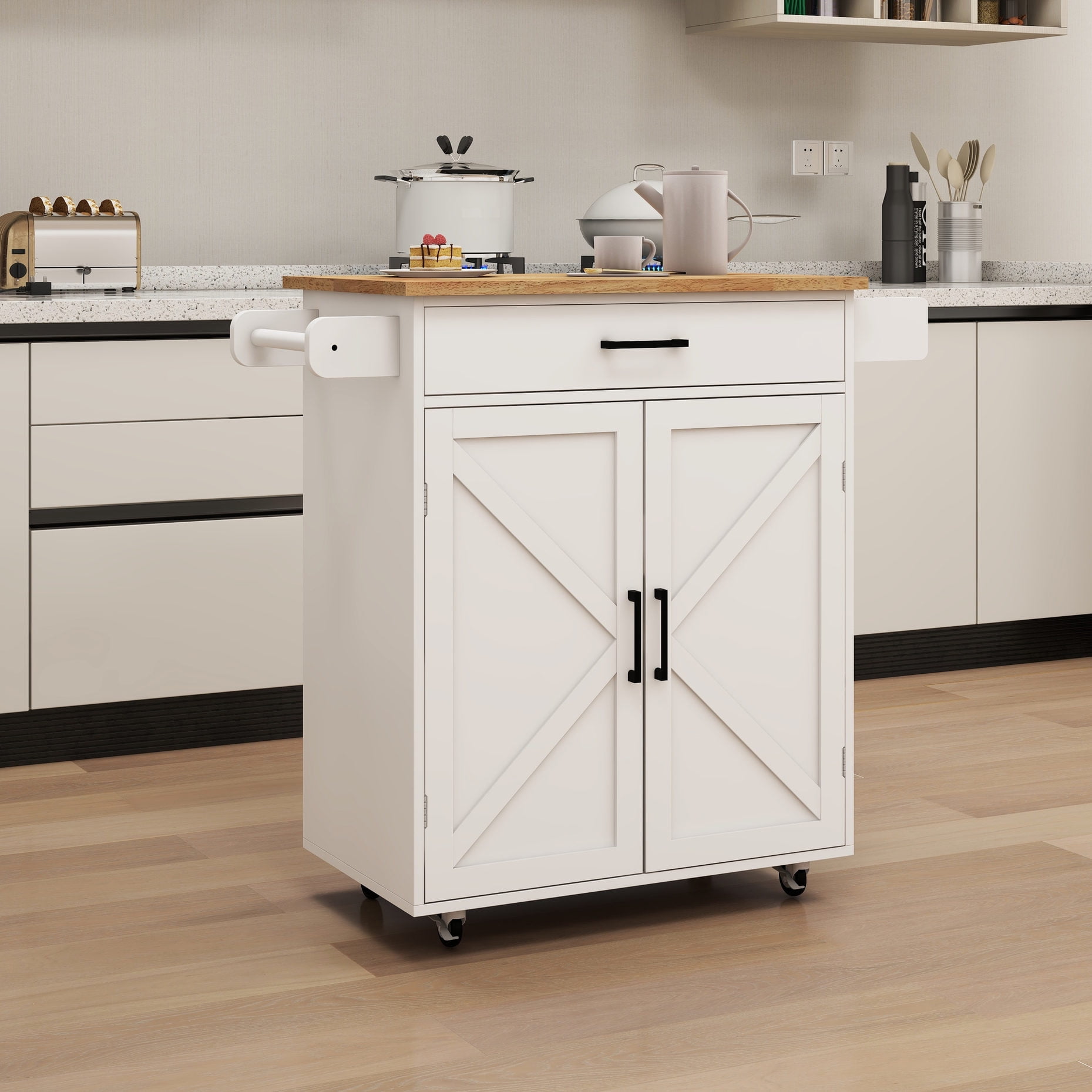 Rolling Kitchen Island with Rubber Wood Table Top and Lockable Wheels ...