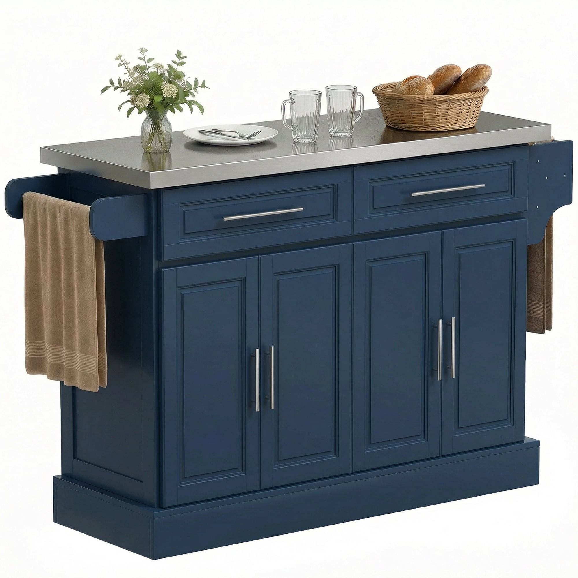 Rolling Kitchen Island with Stainless Steel Top, 2 Drawers, Spice ...