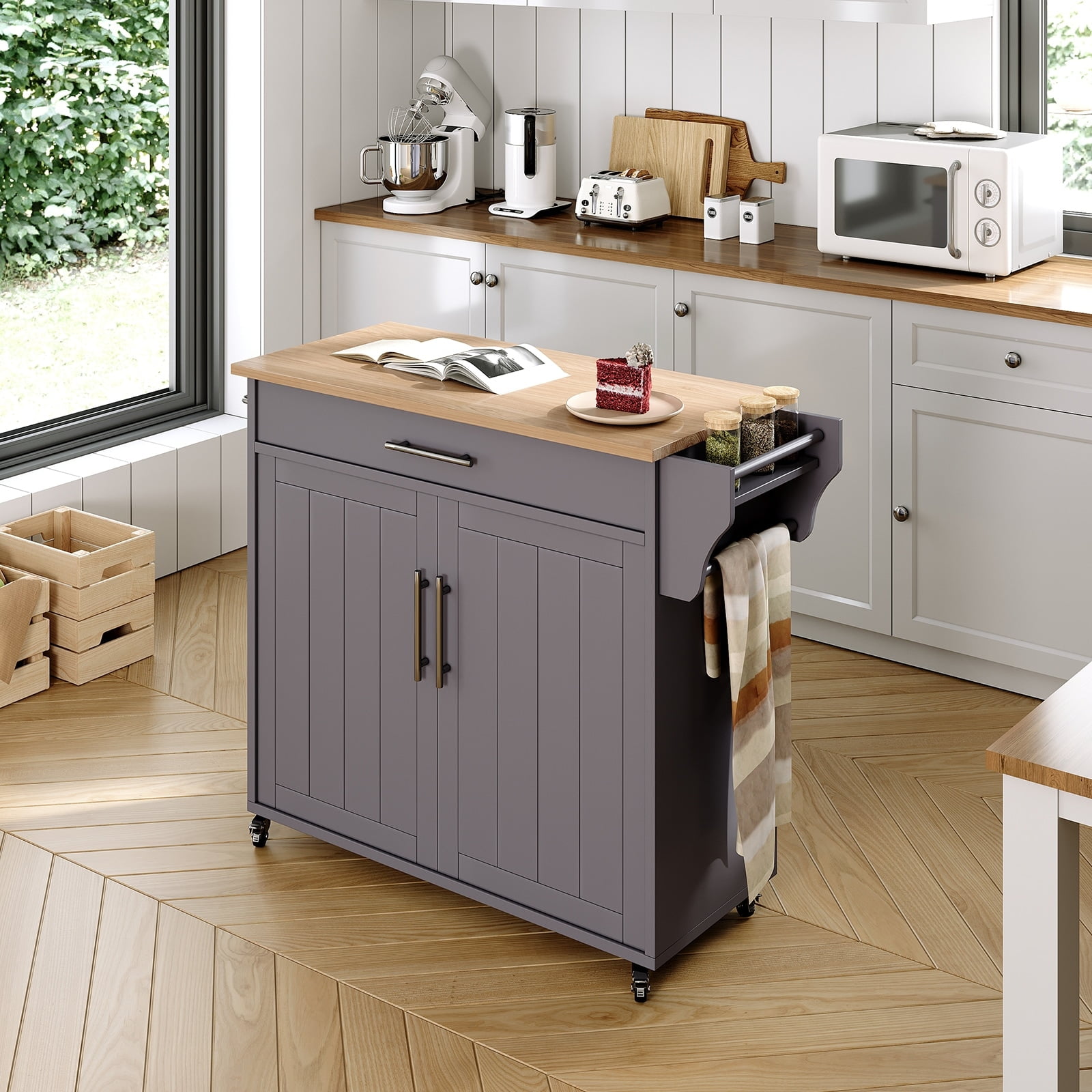 Rolling Kitchen Island with Storage Cabinet Grey - Walmart.com