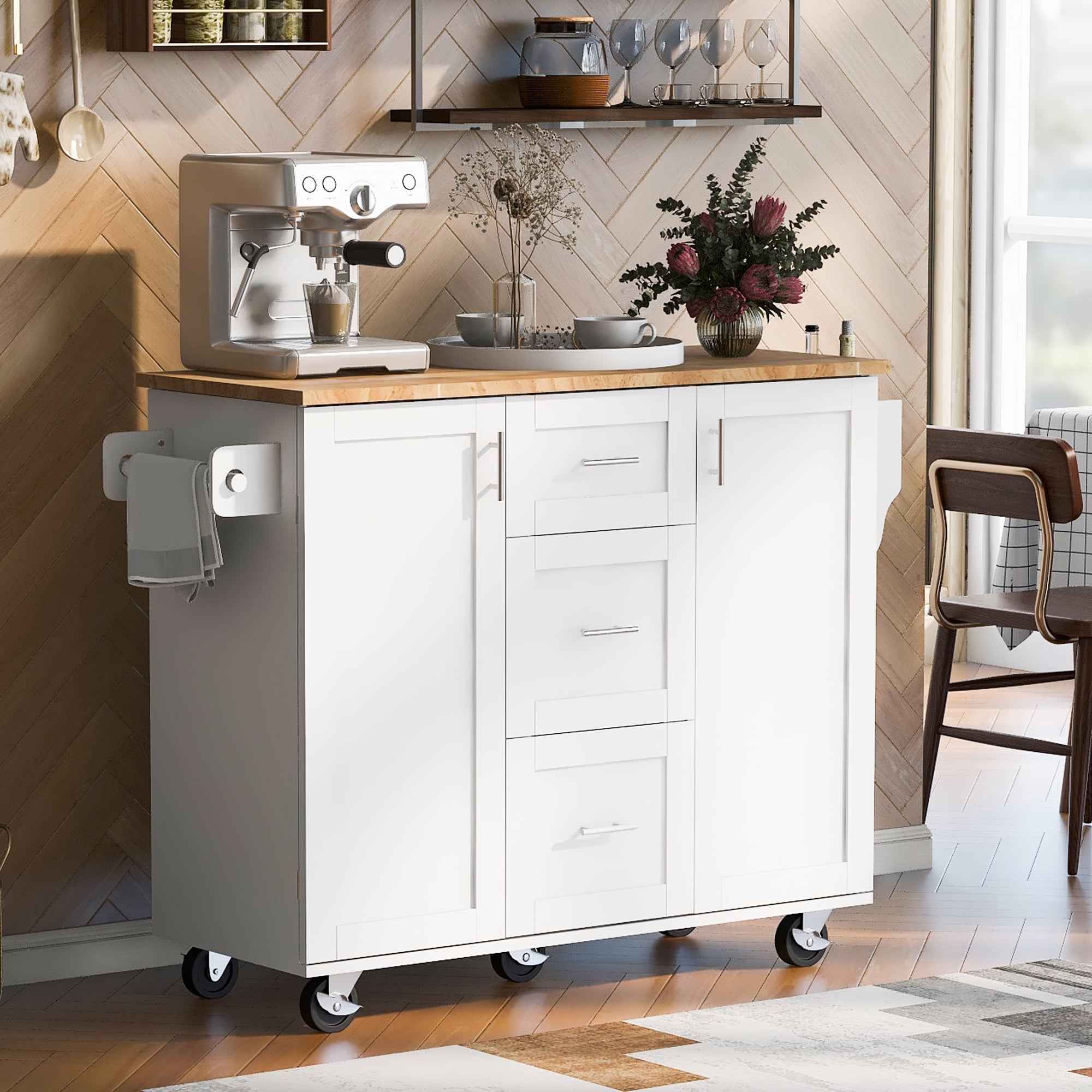Rolling Kitchen Island with Storage, Rubber Wood Top Mobile Kitchen ...