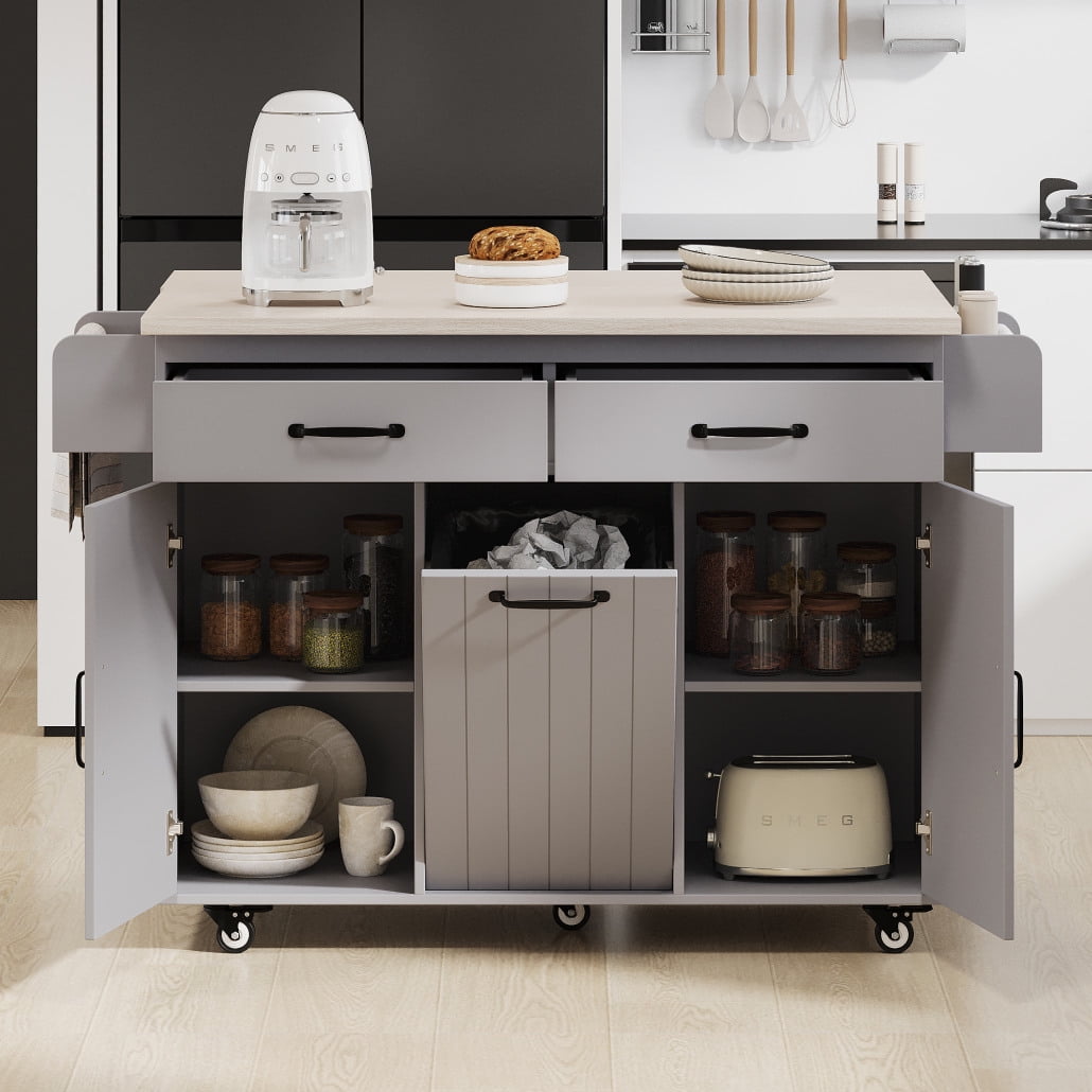 Rolling Kitchen Island with Trash Can Storage Cabinet,Mobile Kitchen ...