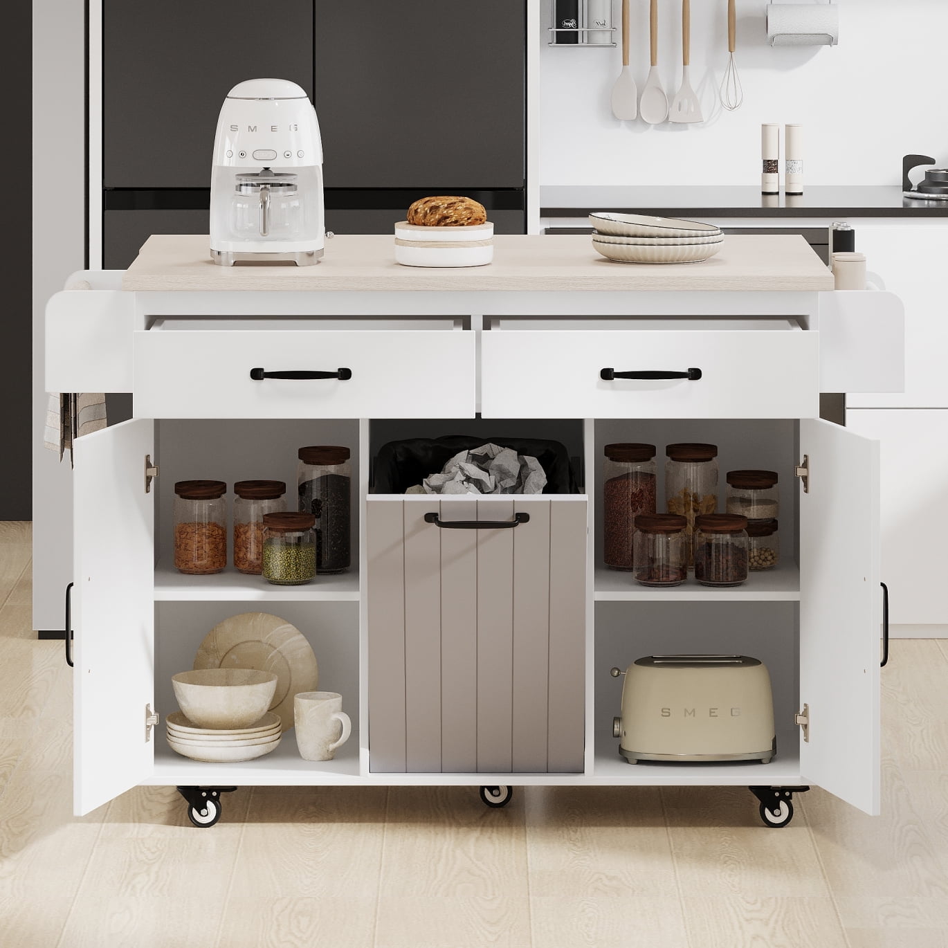 Rolling Kitchen Island with Trash Can Storage Cabinet,Mobile Kitchen ...