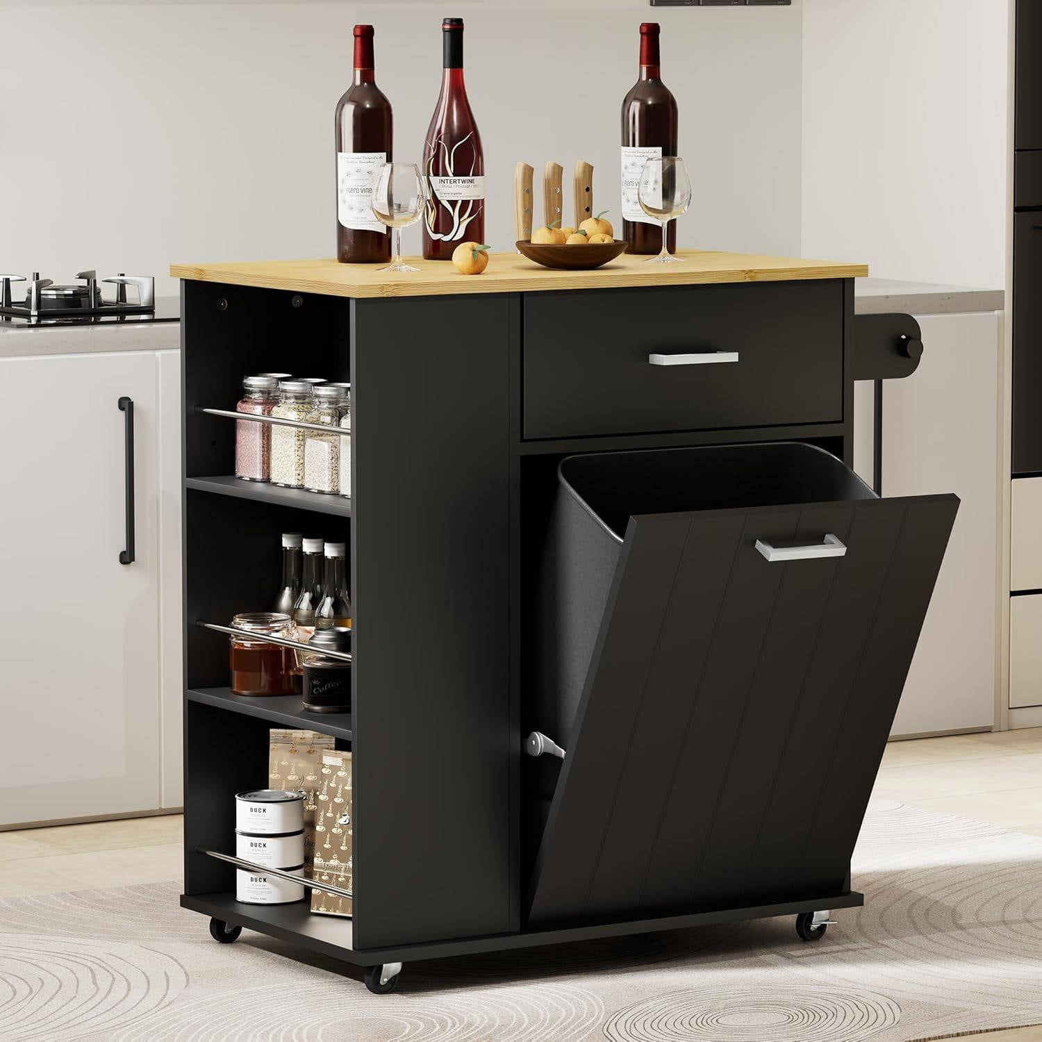 Rolling Kitchen Island with Trash Can Storage, Spice Rack, Drawer ...