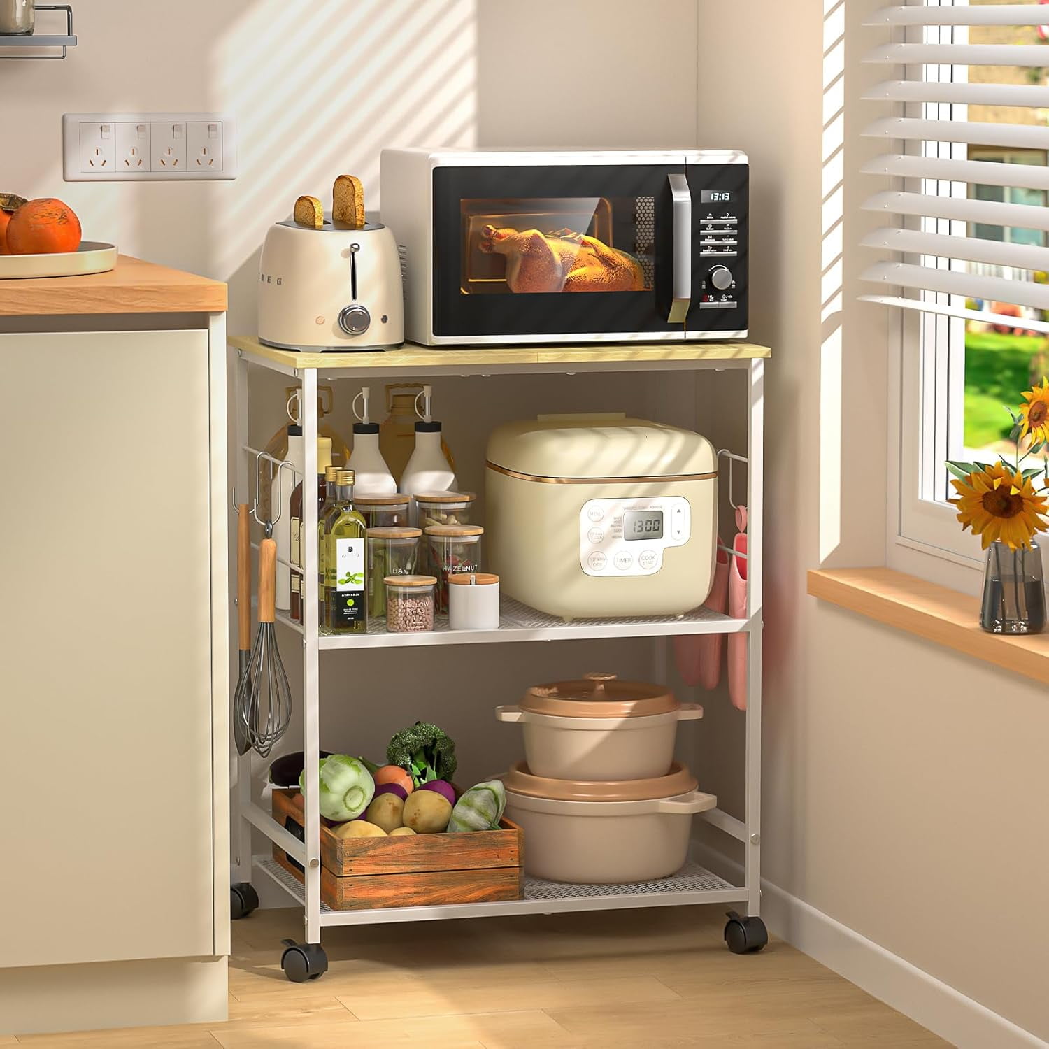 Rolling Kitchen Microwave Cart, 3 Tier Microwave Table Stand with ...