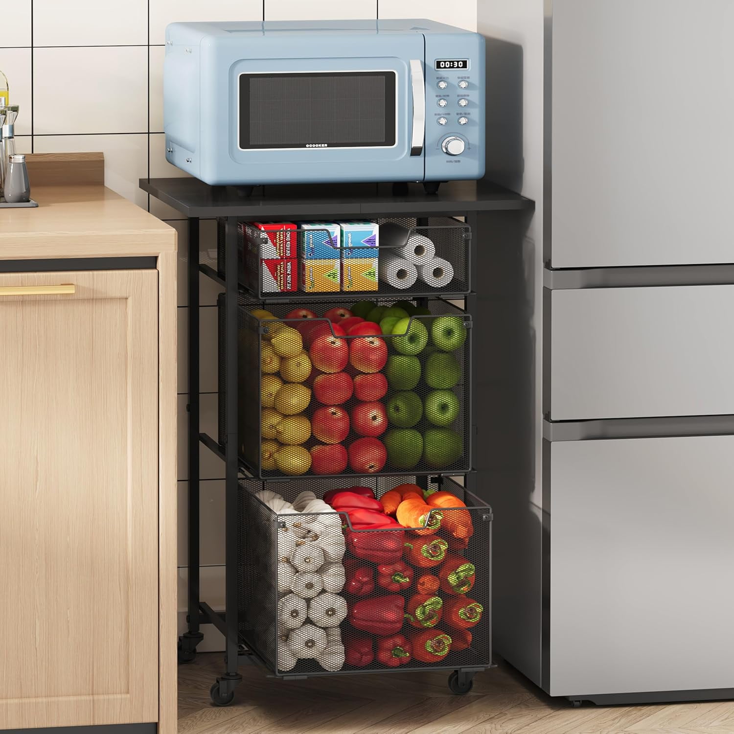 Rolling Kitchen Microwave Cart with Drawer, 4-Tier Microwave Stand ...