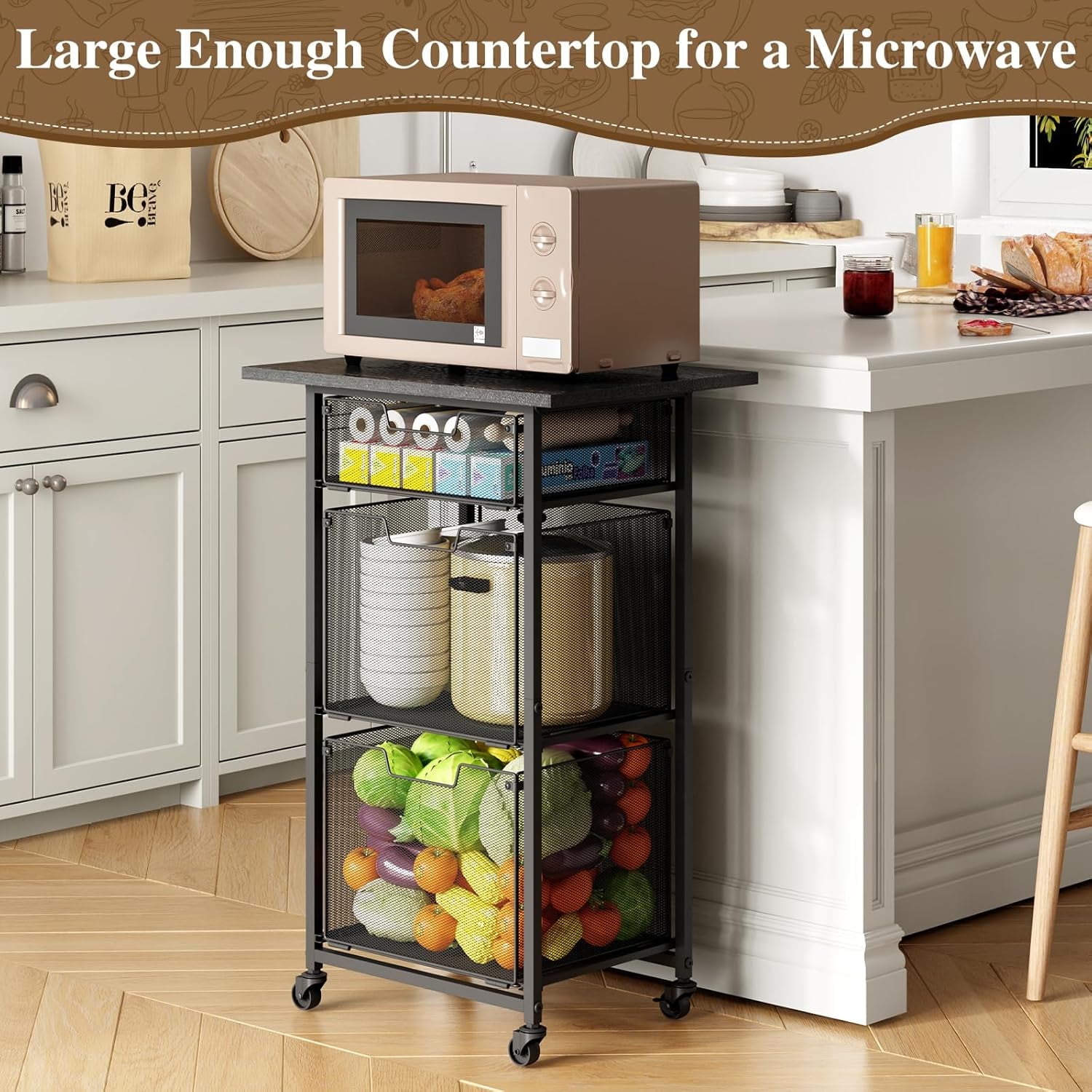 Rolling Kitchen Microwave Cart with Drawer, 4-Tier Microwave Stand ...