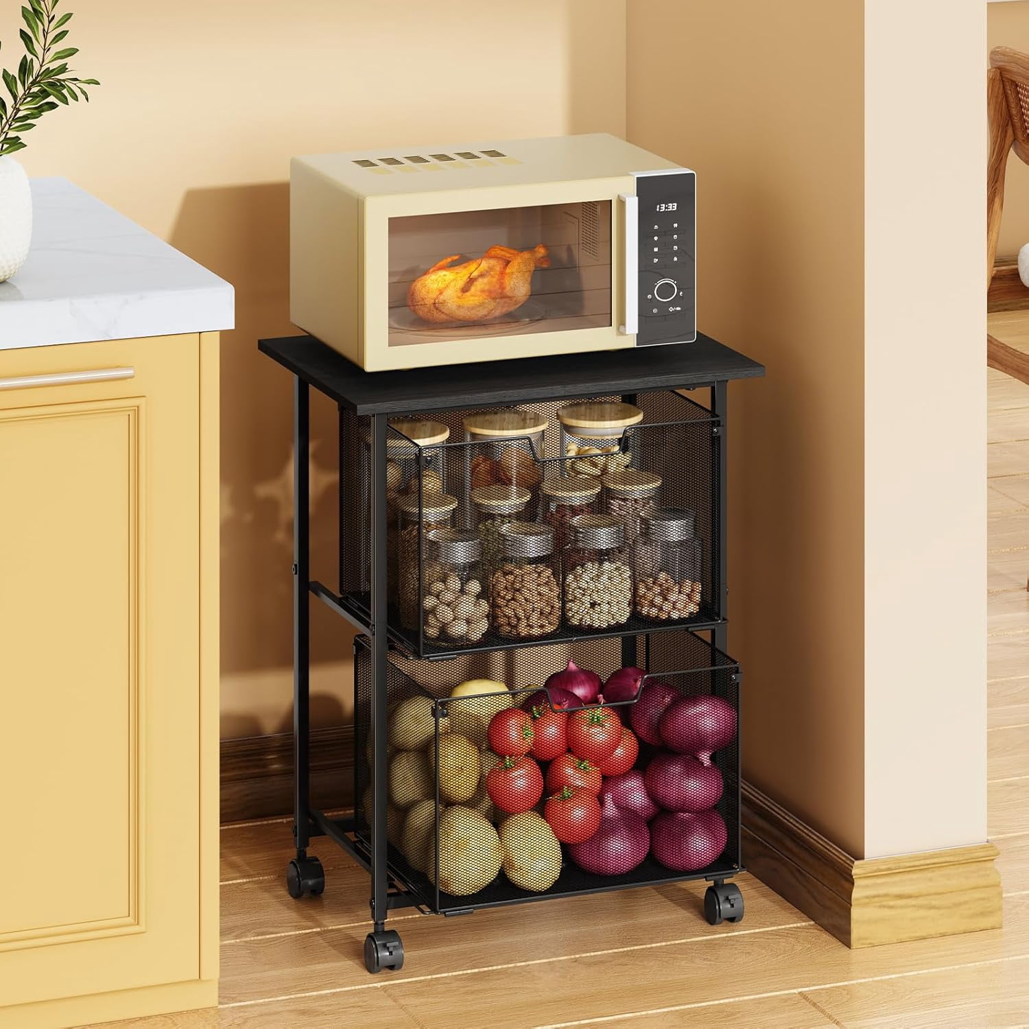 Rolling Kitchen Microwave Cart with Pull-Out Baskets, Kitchen Storage ...