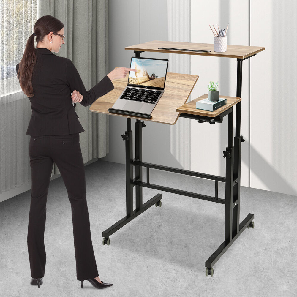 Rolling Laptop Desk Adjustable Height Computer Table Stand up Office ...