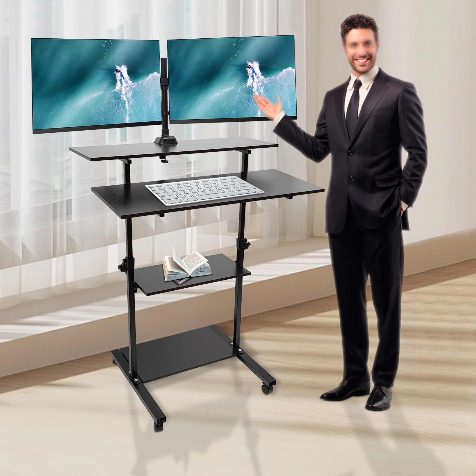 Rolling Laptop Desk Mobile Computer Table Adjustable Height Stand up ...