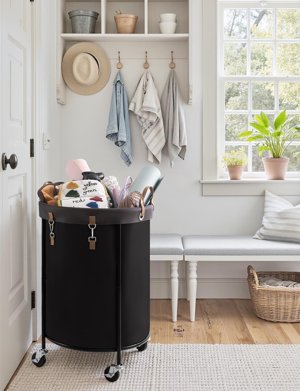 Rolling Laundry Basket 170L Round Hamper with Steel Frame and Removable ...