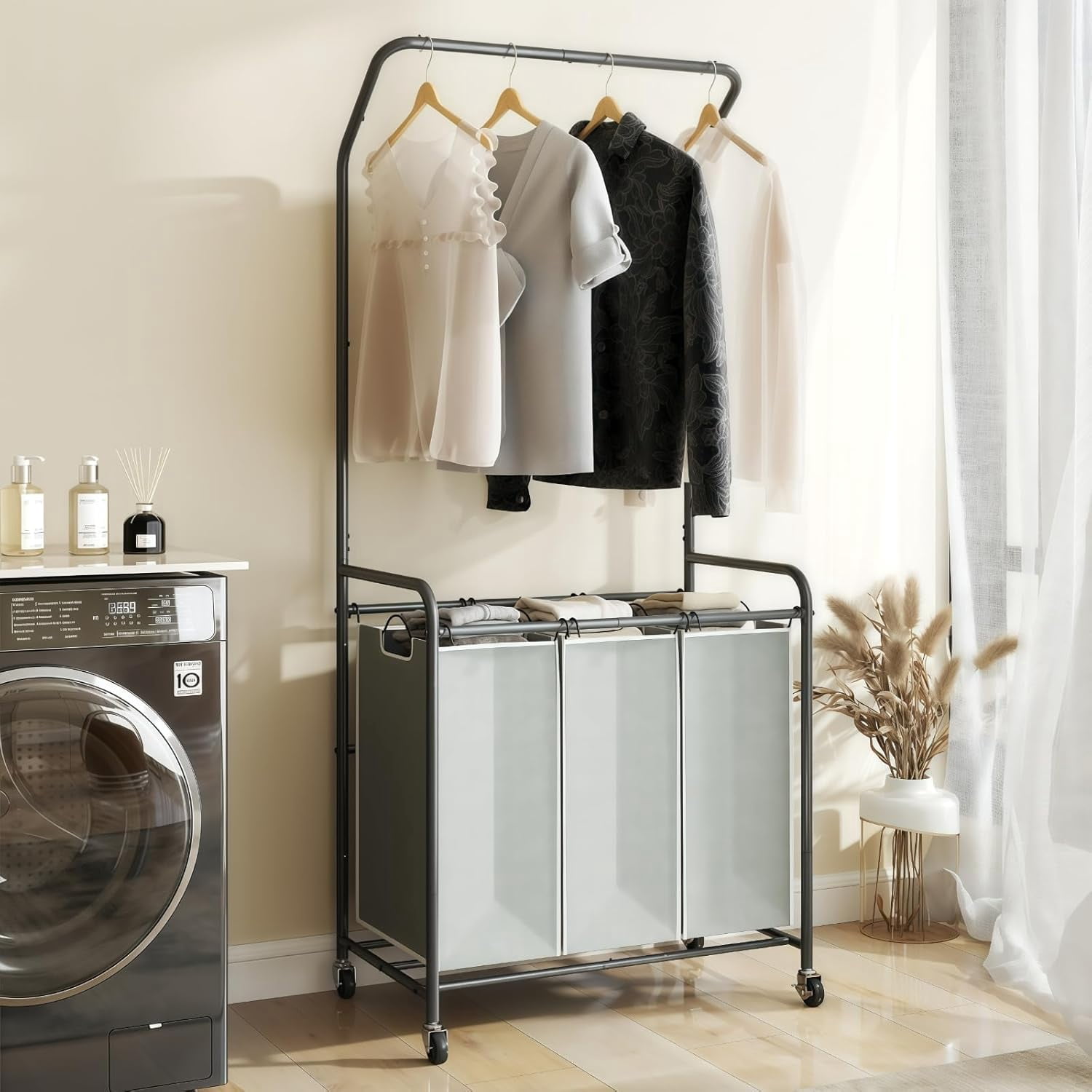 Rolling Laundry Basket Organizer with Hanging Clothes Rack: 3 Section ...